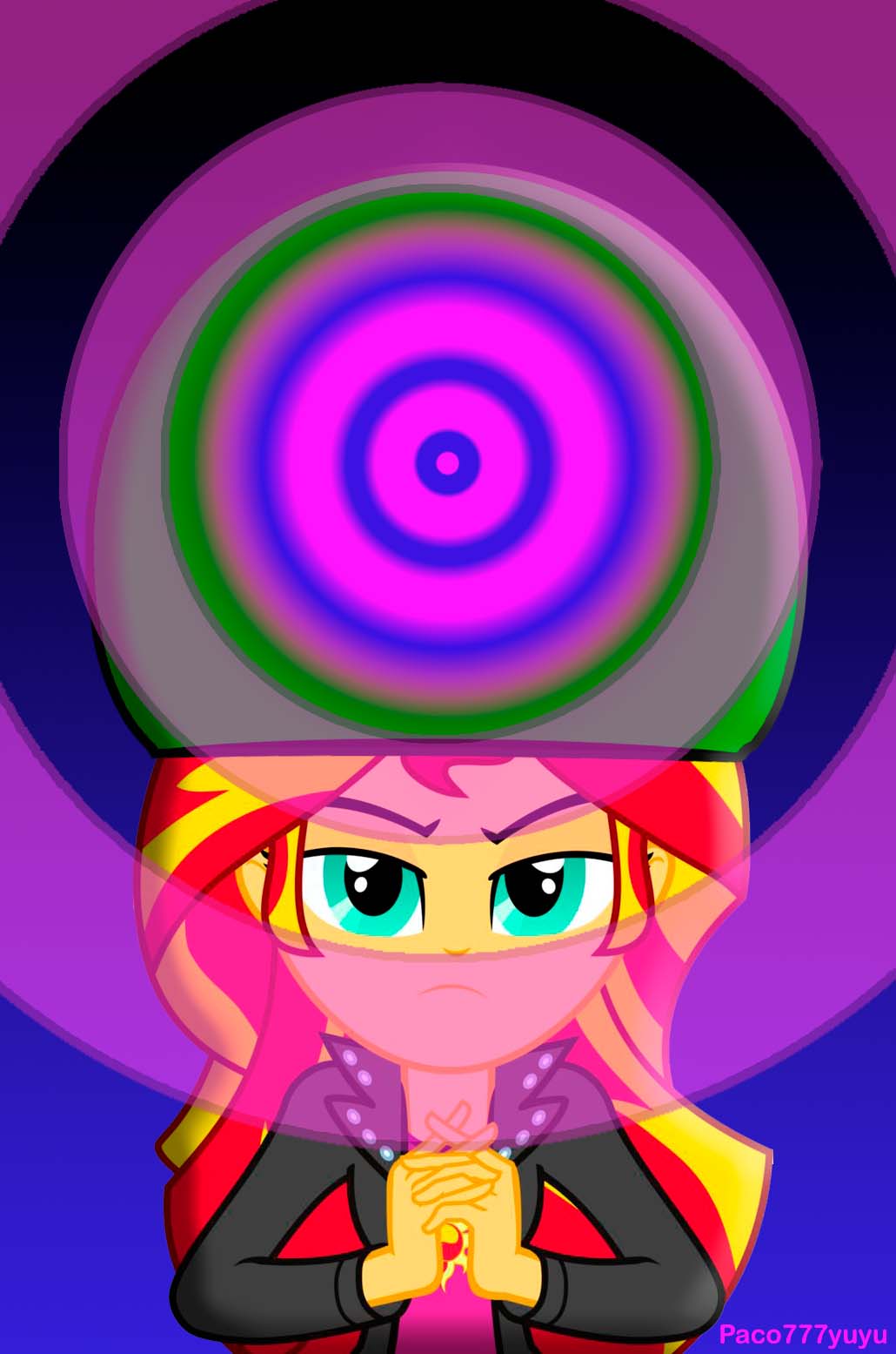 #3257180 - safe, sunset shimmer, equestria girls, dark background, evil, female, hat, hypnosis ...
