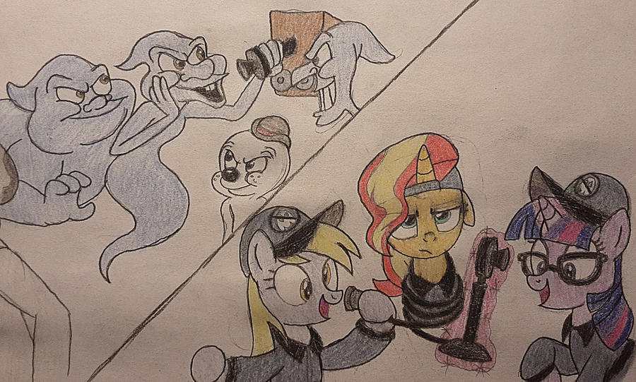 #3052537 - safe, artist:jebens1, derpy hooves, sci-twi, sunset shimmer ...