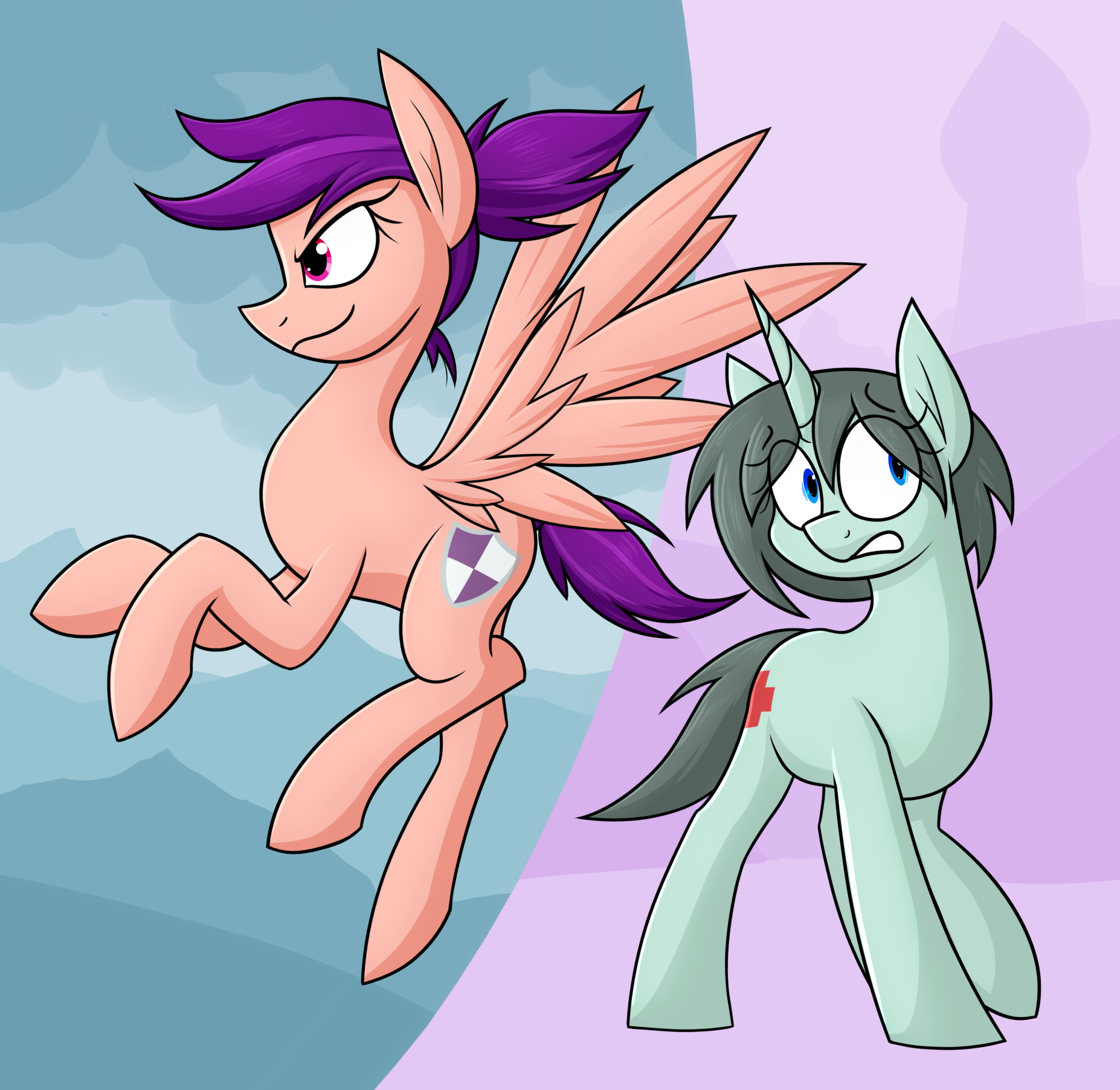 #3063842 - safe, artist:moonatik, oc, oc only, oc:amanita, oc:bitterroot, pegasus, pony, unicorn ...