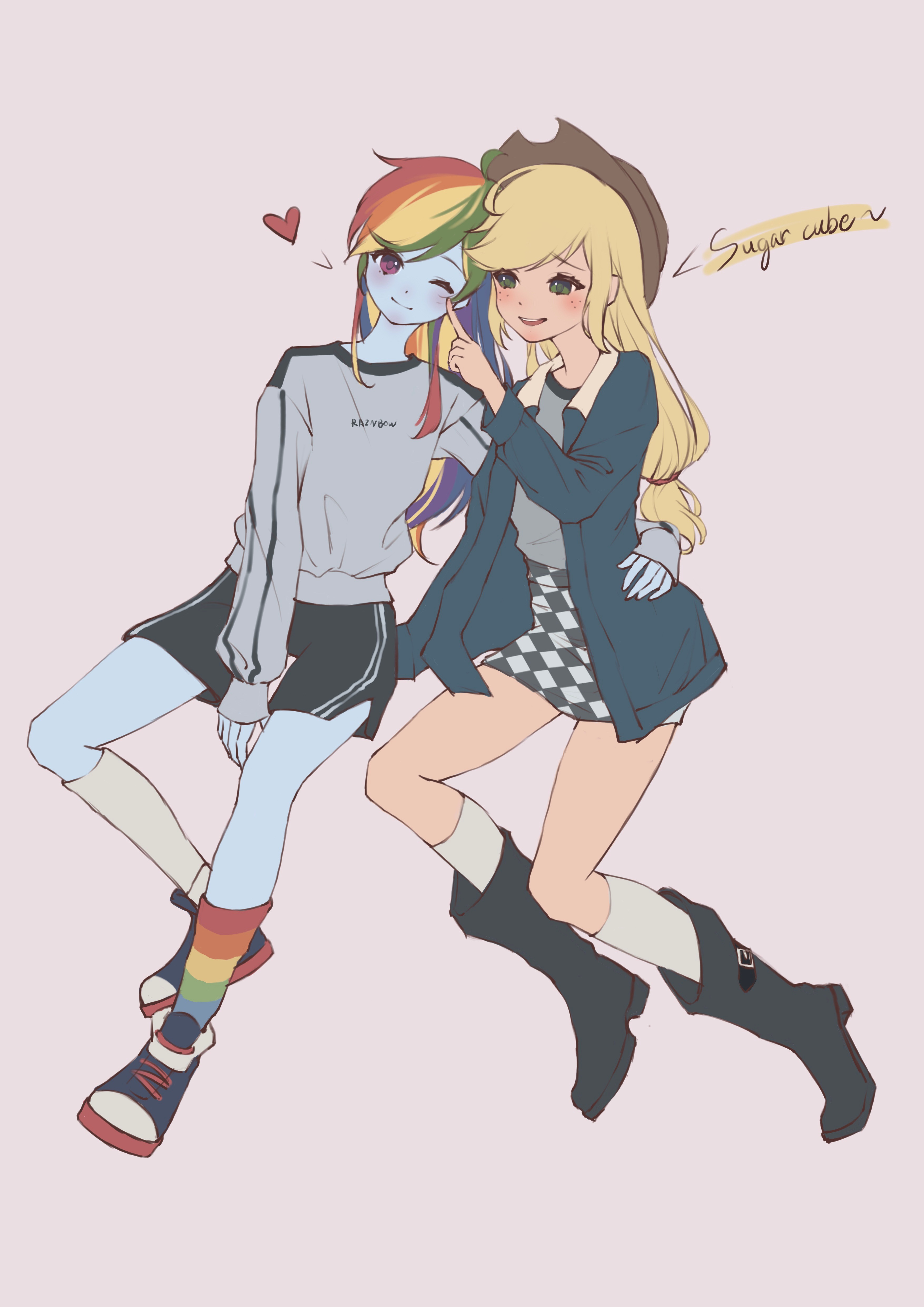 #3064054 - safe, artist:靖友, applejack, rainbow dash, human, equestria ...