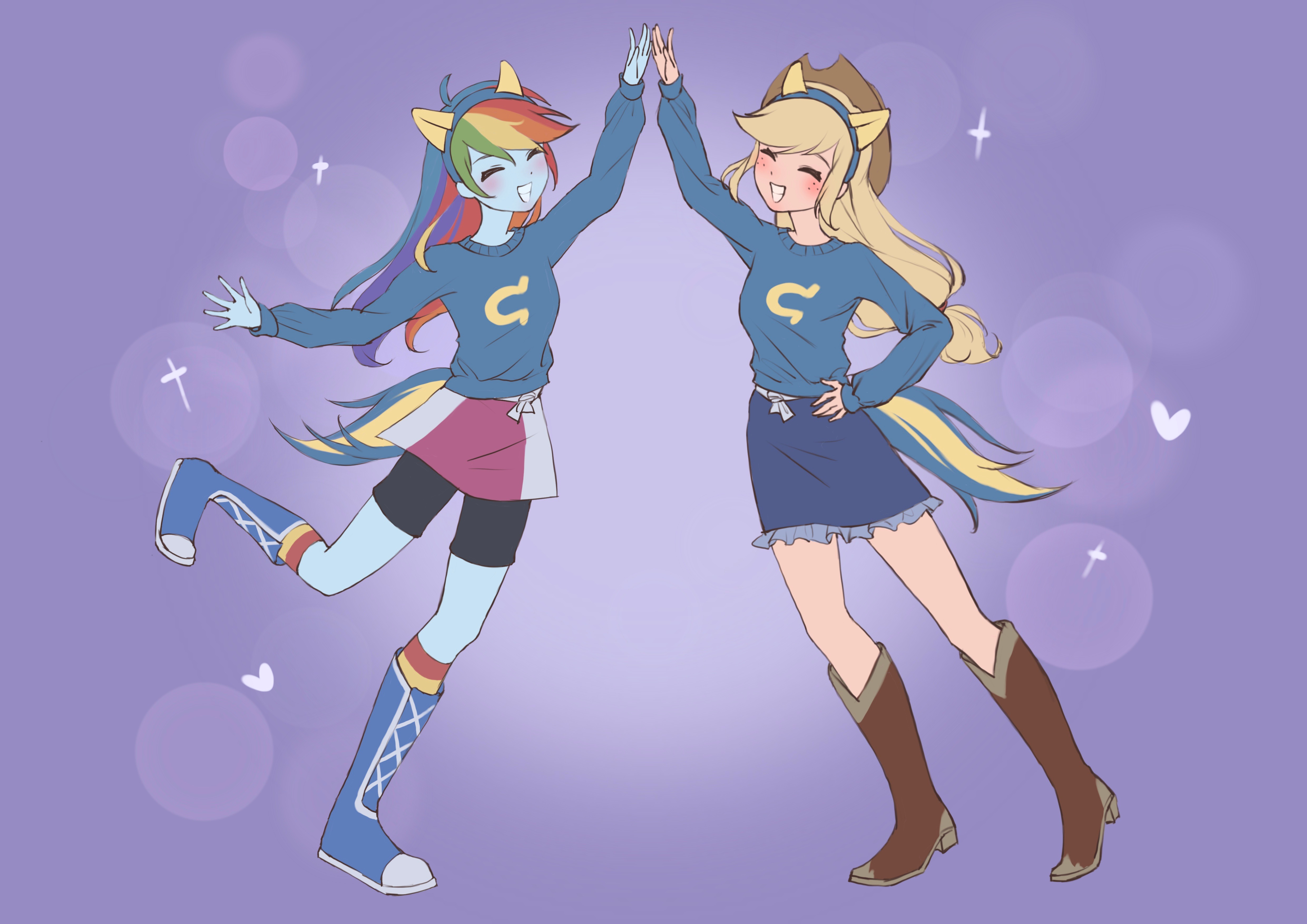 #3064062 - safe, artist:靖友, applejack, rainbow dash, equestria girls, appledash, blushing ...