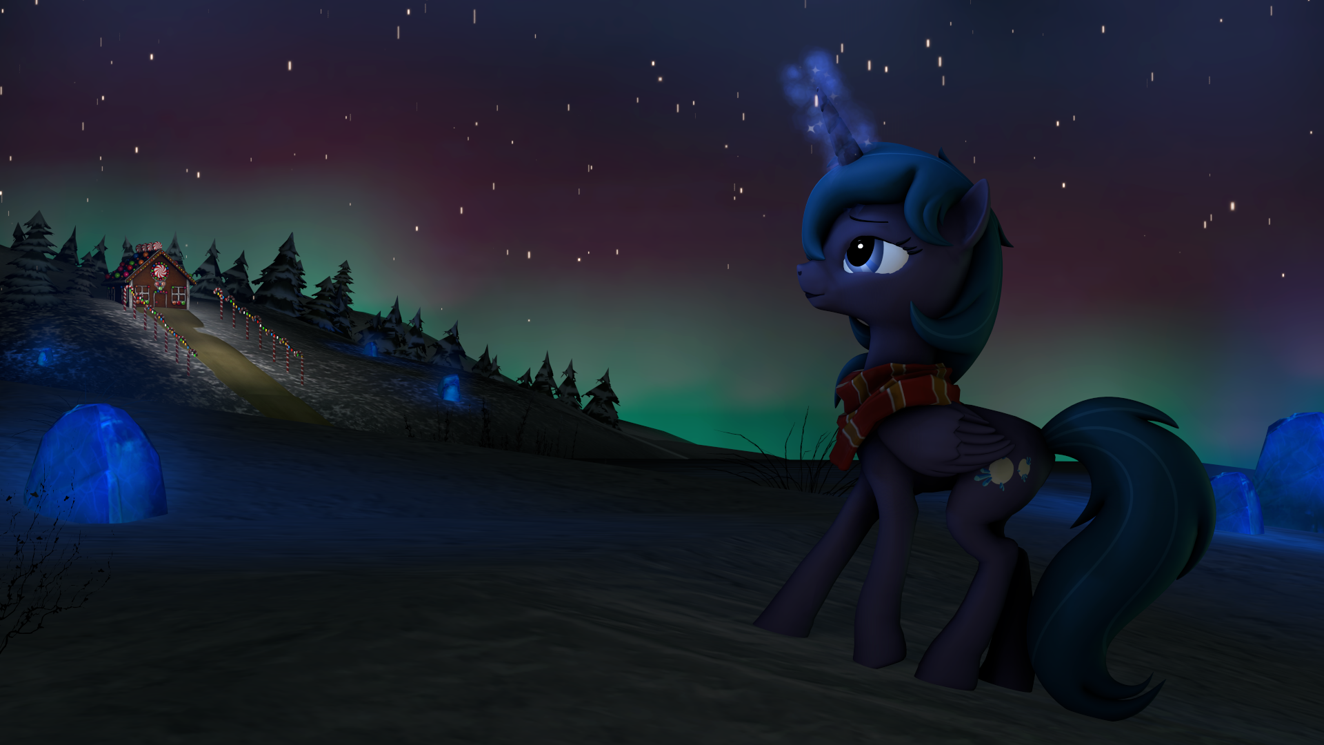 #3064804 - safe, artist:skyarrow, oc, oc:melancholy sunset, alicorn, pony, 3d, aurora borealis ...