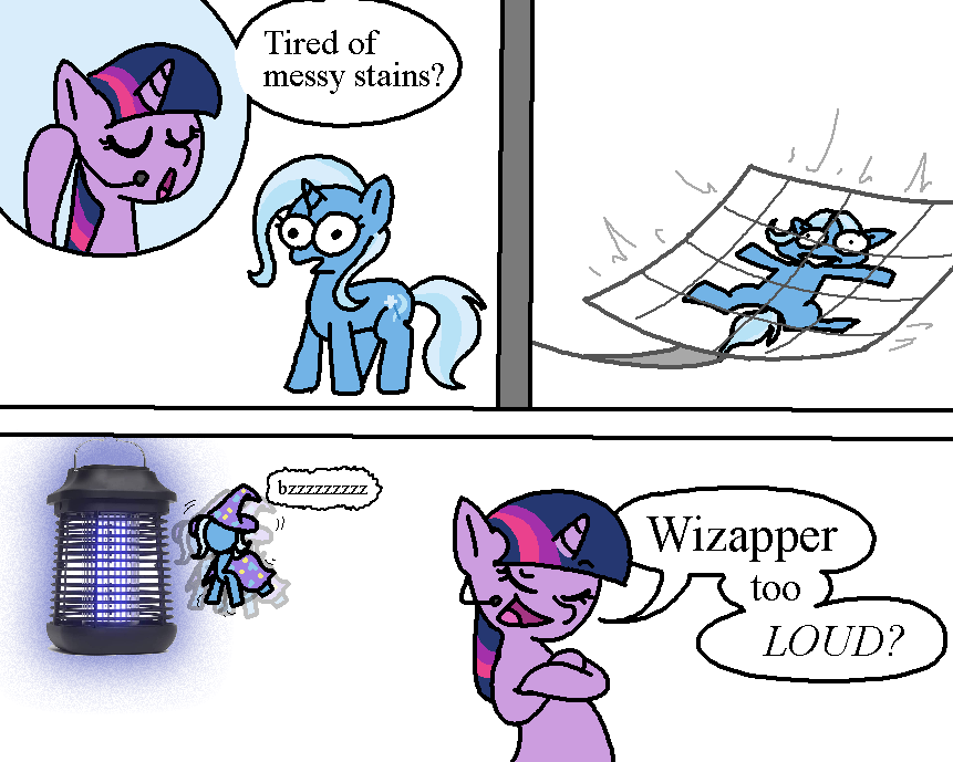 #3056542 - safe, artist:notfocks, trixie, twilight sparkle, pony, unicorn, g4, bug zapper, comic ...