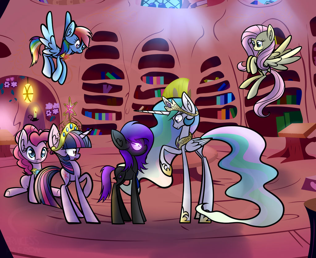 #3080187 - safe, artist:princessfaeron, fluttershy, pinkie pie, princess celestia, rainbow dash ...