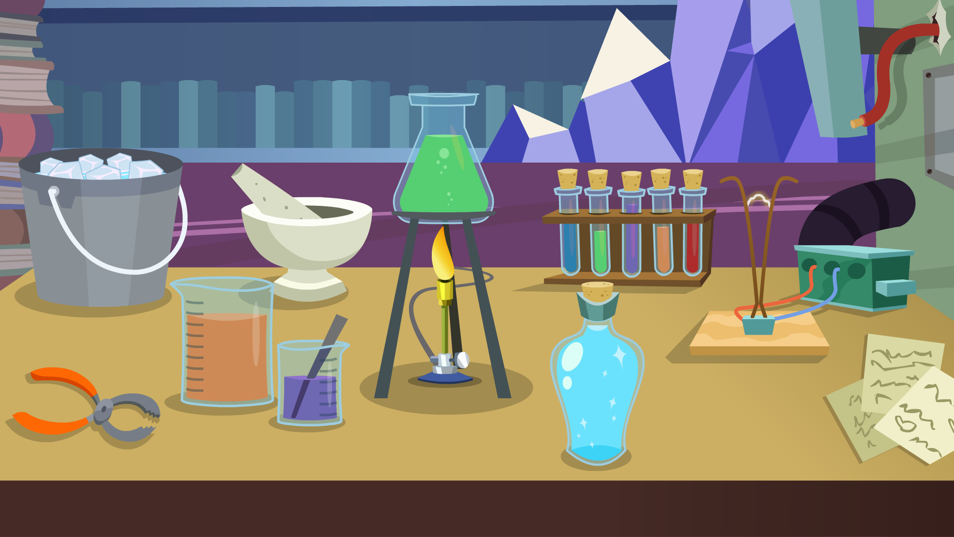 #3081128 - safe, background, bucket, laboratory, no pony, test tube ...