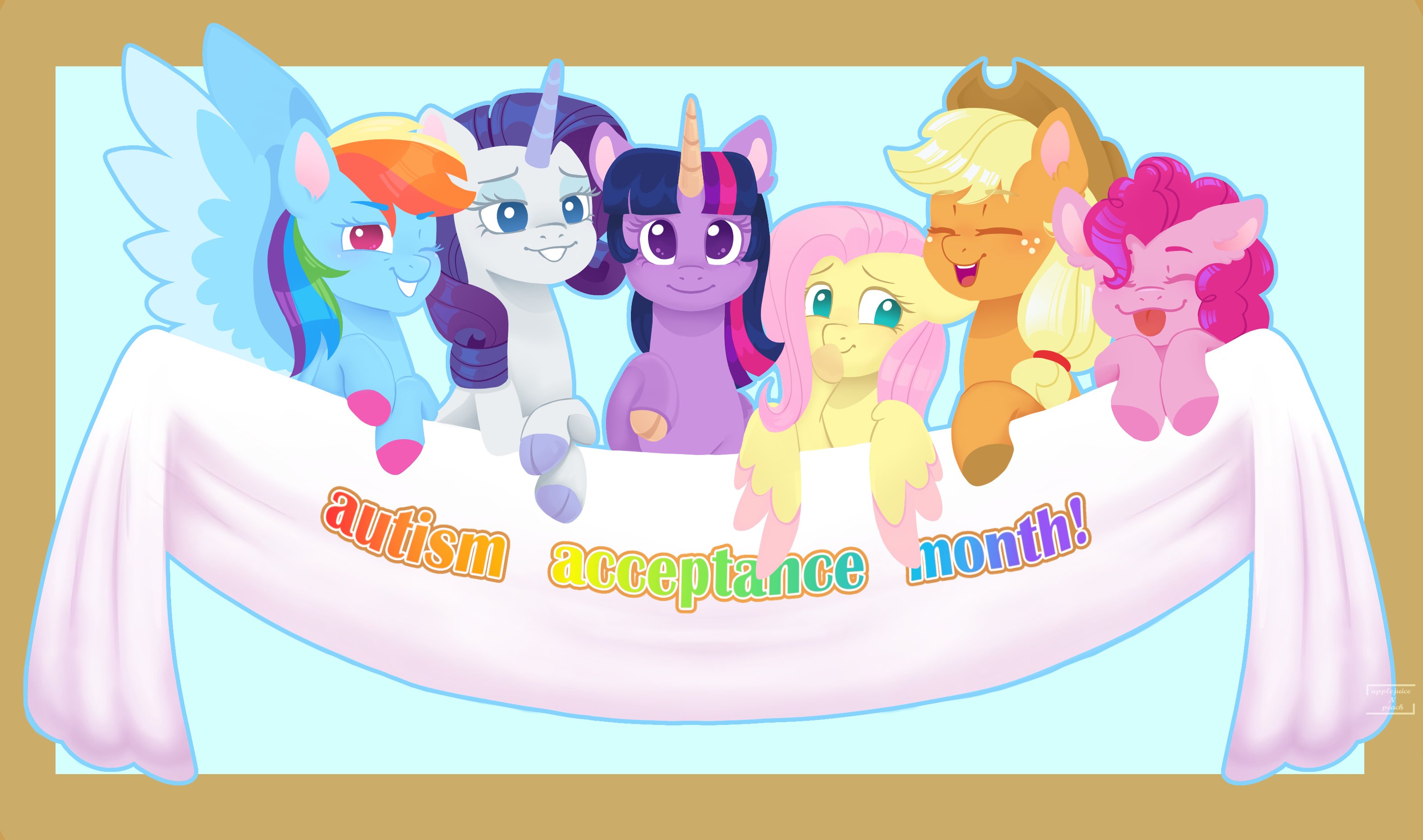 #3116813 - safe, artist:appjuicenpeach, applejack, fluttershy, pinkie ...