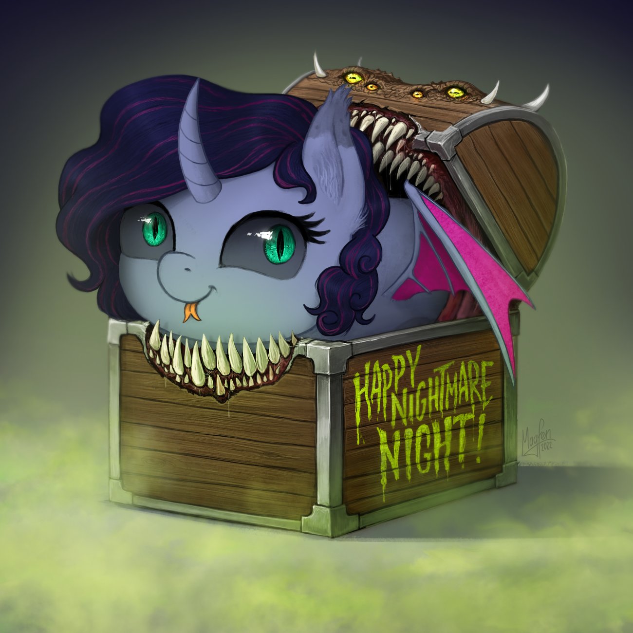 #3088871 - safe, artist:magfen, oc, oc only, alicorn, bat pony, bat ...