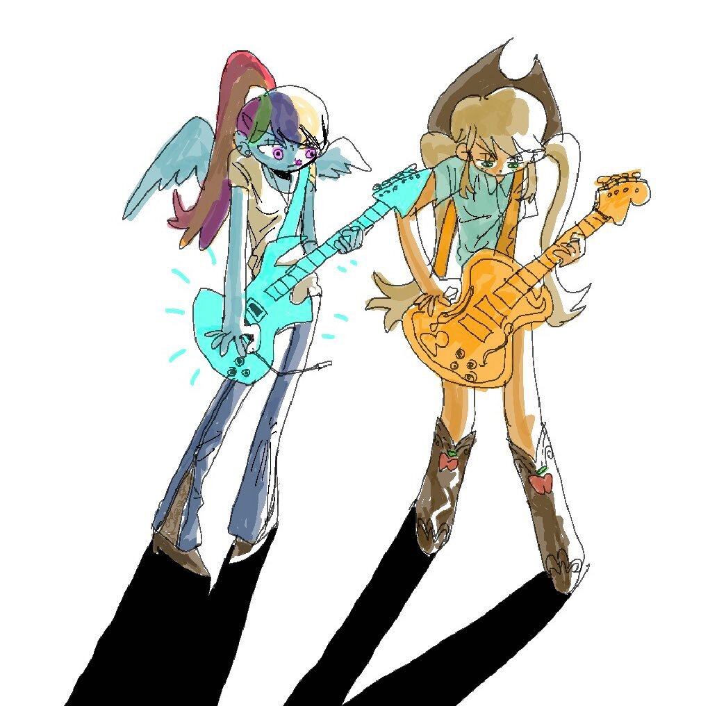 #3100945 - safe, artist:aoh2jz, applejack, rainbow dash, guitar ...