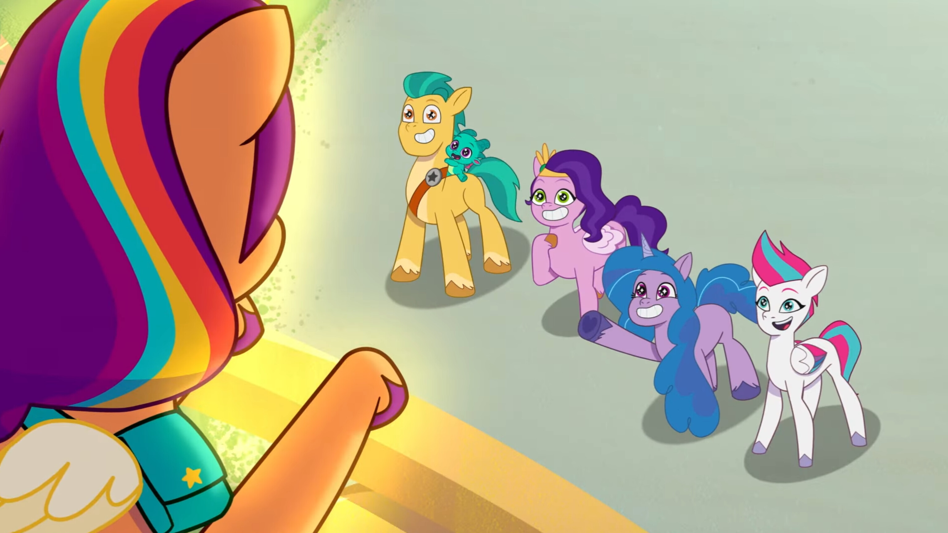 #3102012 - safe, screencap, hitch trailblazer, izzy moonbow, pipp petals, sparky sparkeroni ...