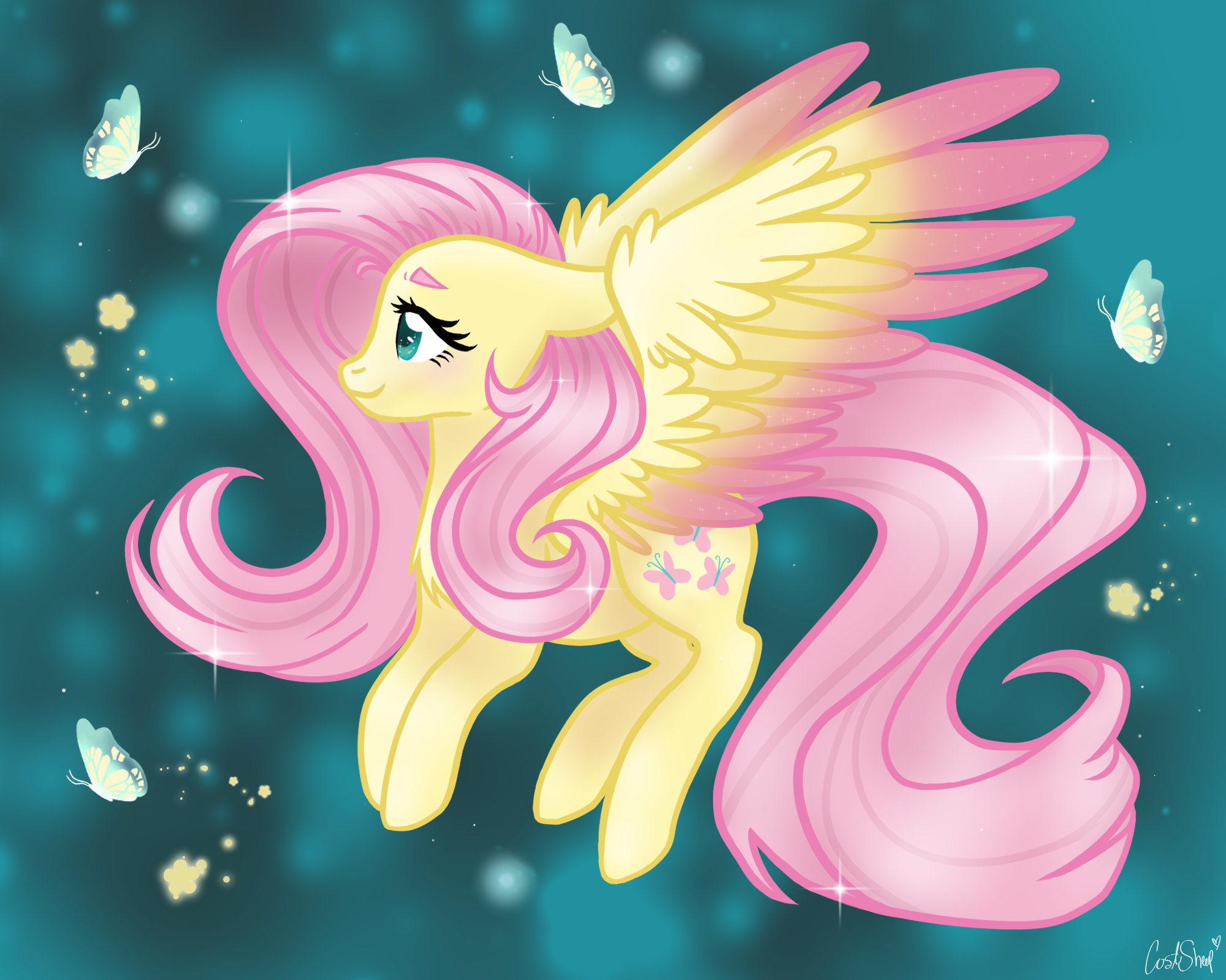 #3118248 - safe, artist:lostsheep, fluttershy, butterfly, pegasus, pony ...