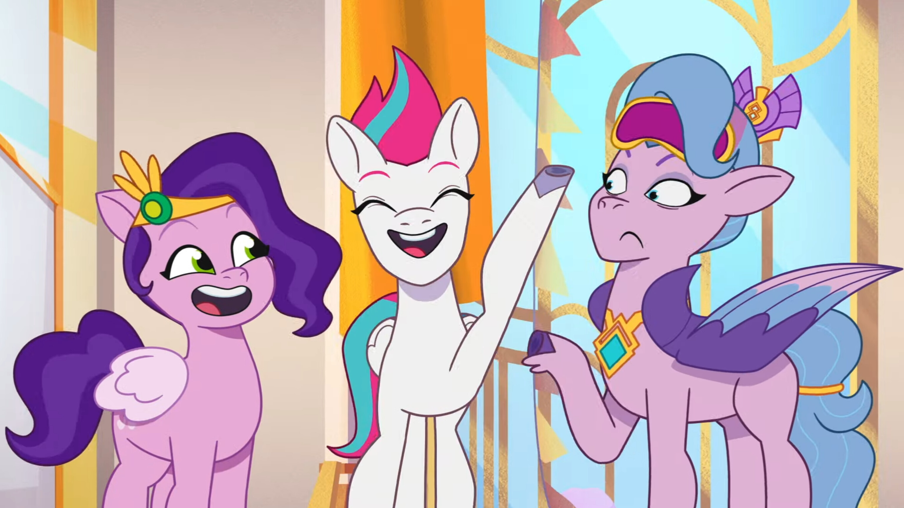 #3119344 - safe, screencap, pipp petals, queen haven, zipp storm, pegasus, pony, g5, mare family ...