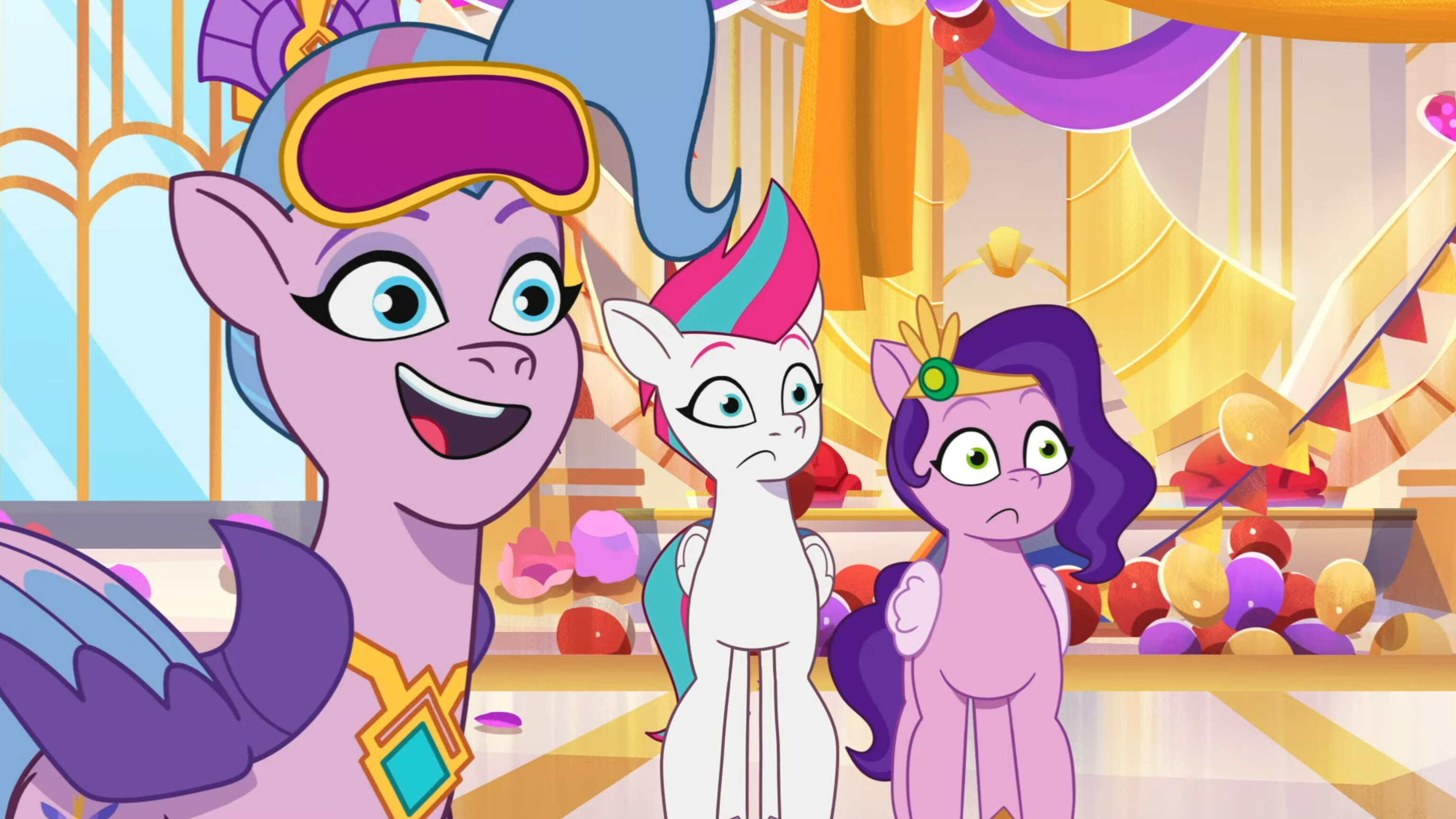 #3119790 - safe, screencap, pipp petals, queen haven, zipp storm, pegasus, pony, g5, mare family ...