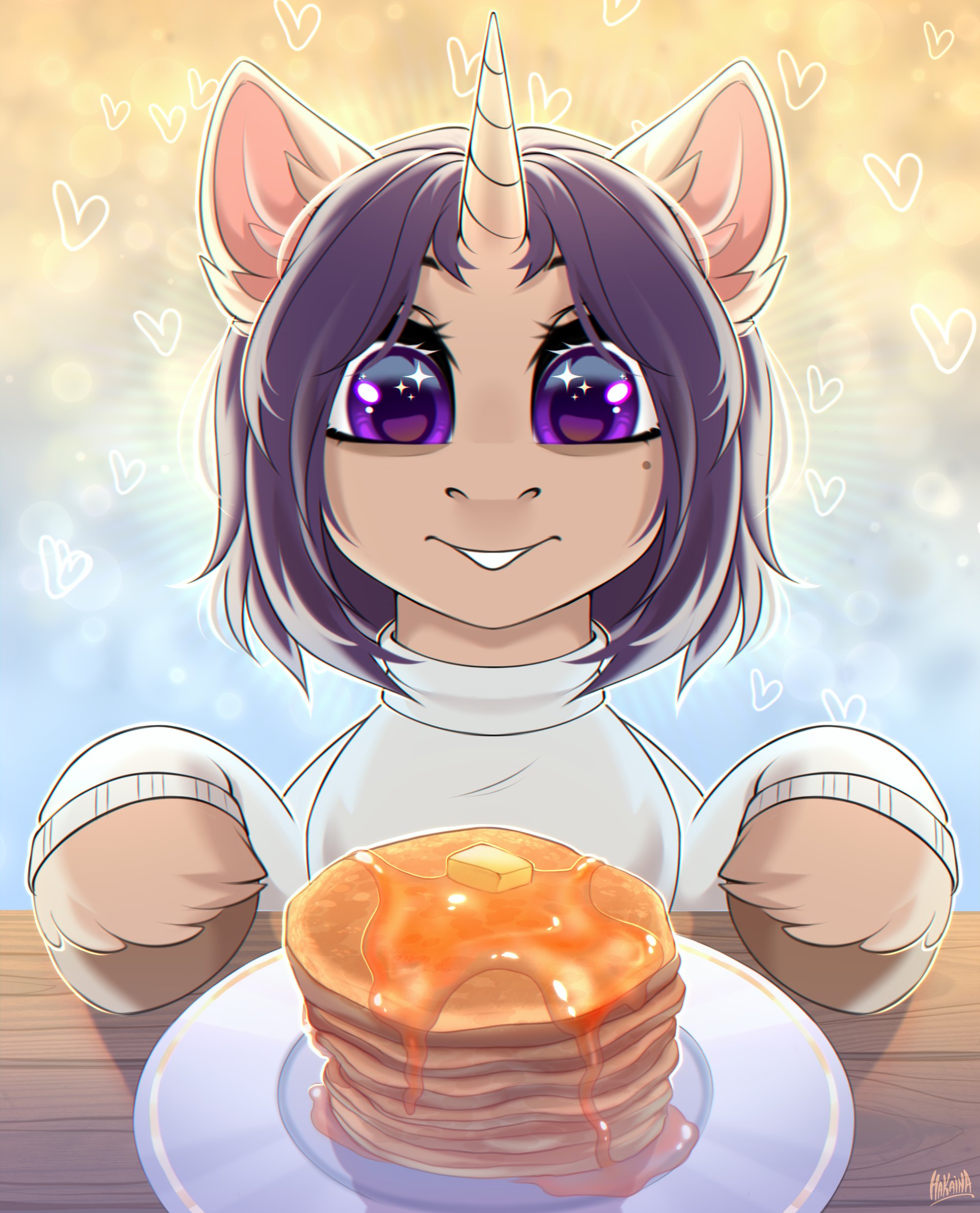 #3122282 - safe, artist:hakaina, oc, oc only, pony, unicorn, ear fluff, food, high res, pancakes ...