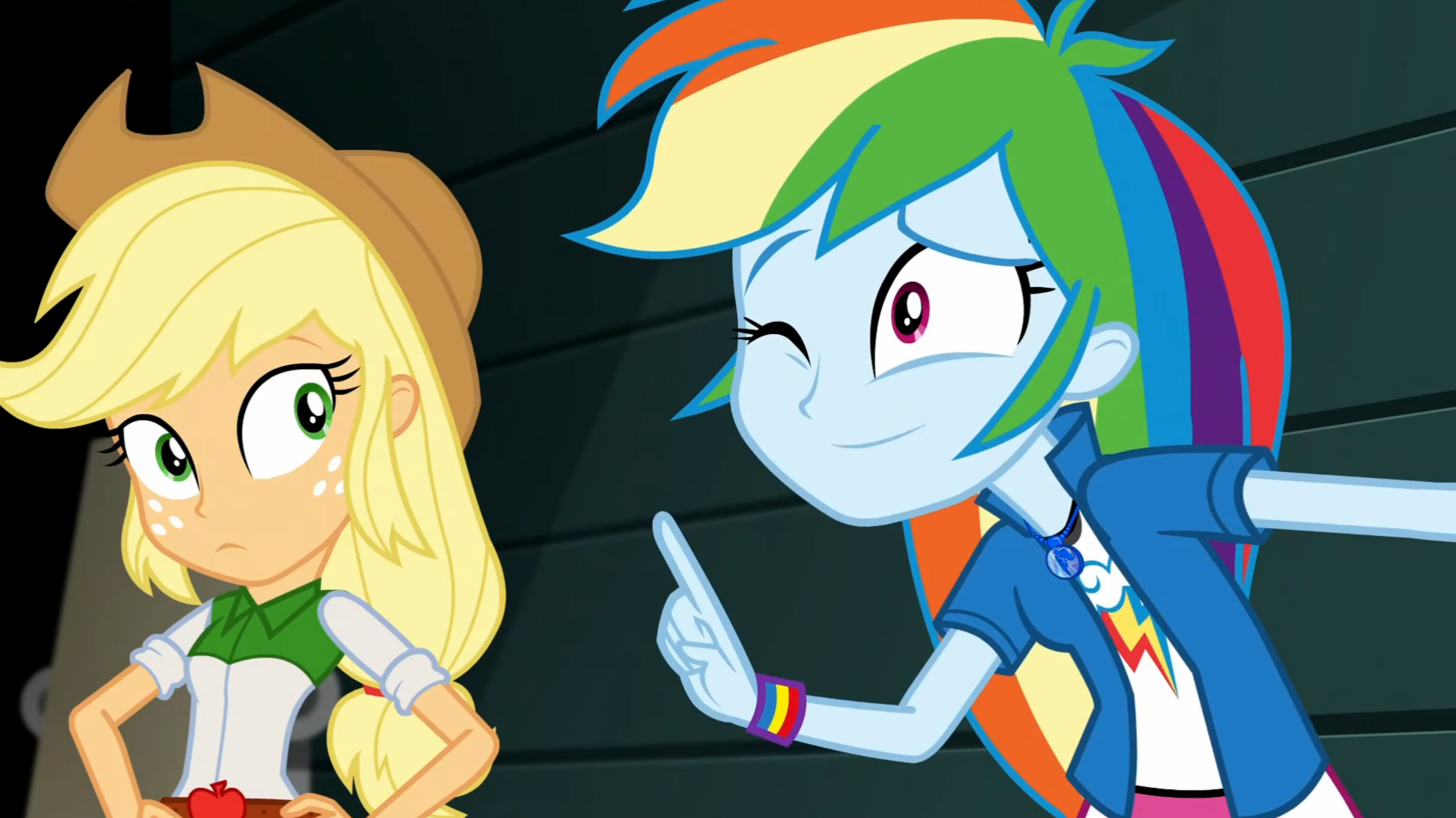 #3143340 - safe, screencap, applejack, rainbow dash, human, equestria ...