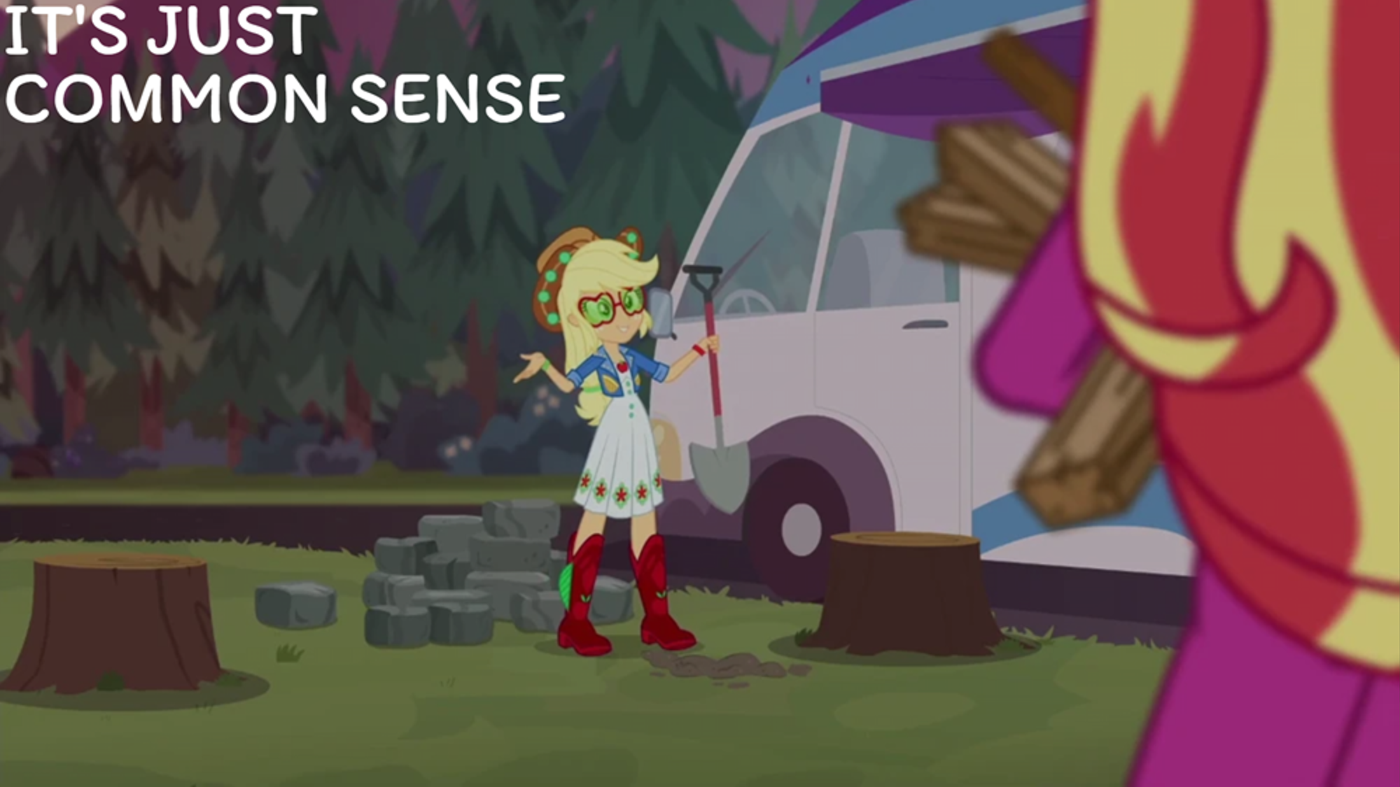 #3156211 - safe, edit, edited screencap, editor:quoterific, screencap, applejack, sunset shimmer ...