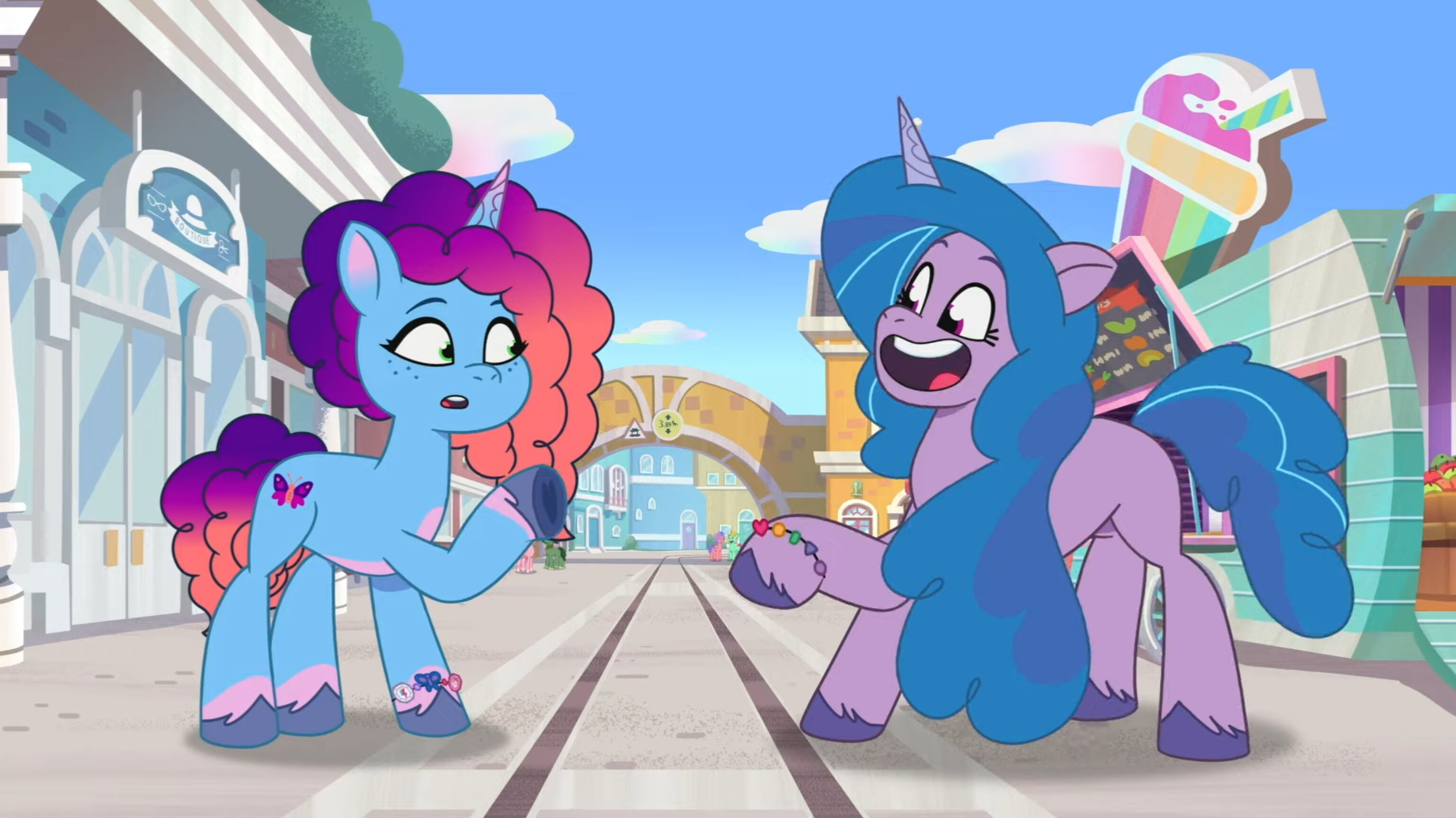 #3181618 - safe, screencap, cherry flyaway, dapple, emerald saucer, izzy moonbow, misty ...