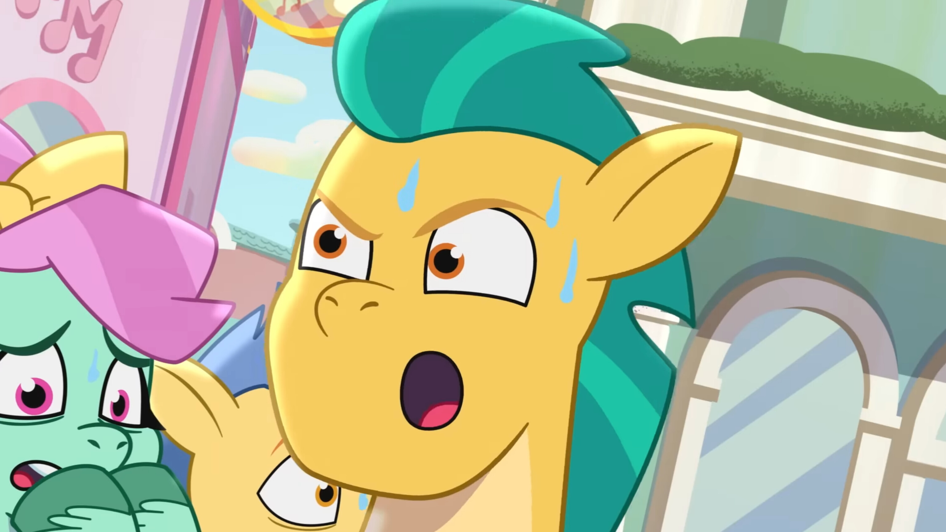 #3176598 - safe, screencap, hitch trailblazer, lemon gear, minty skylark, earth pony, pegasus ...