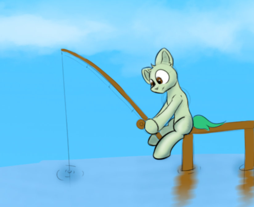 #3200156 - safe, artist:cotarsis, pony, fishing rod, pier, sketch, solo ...