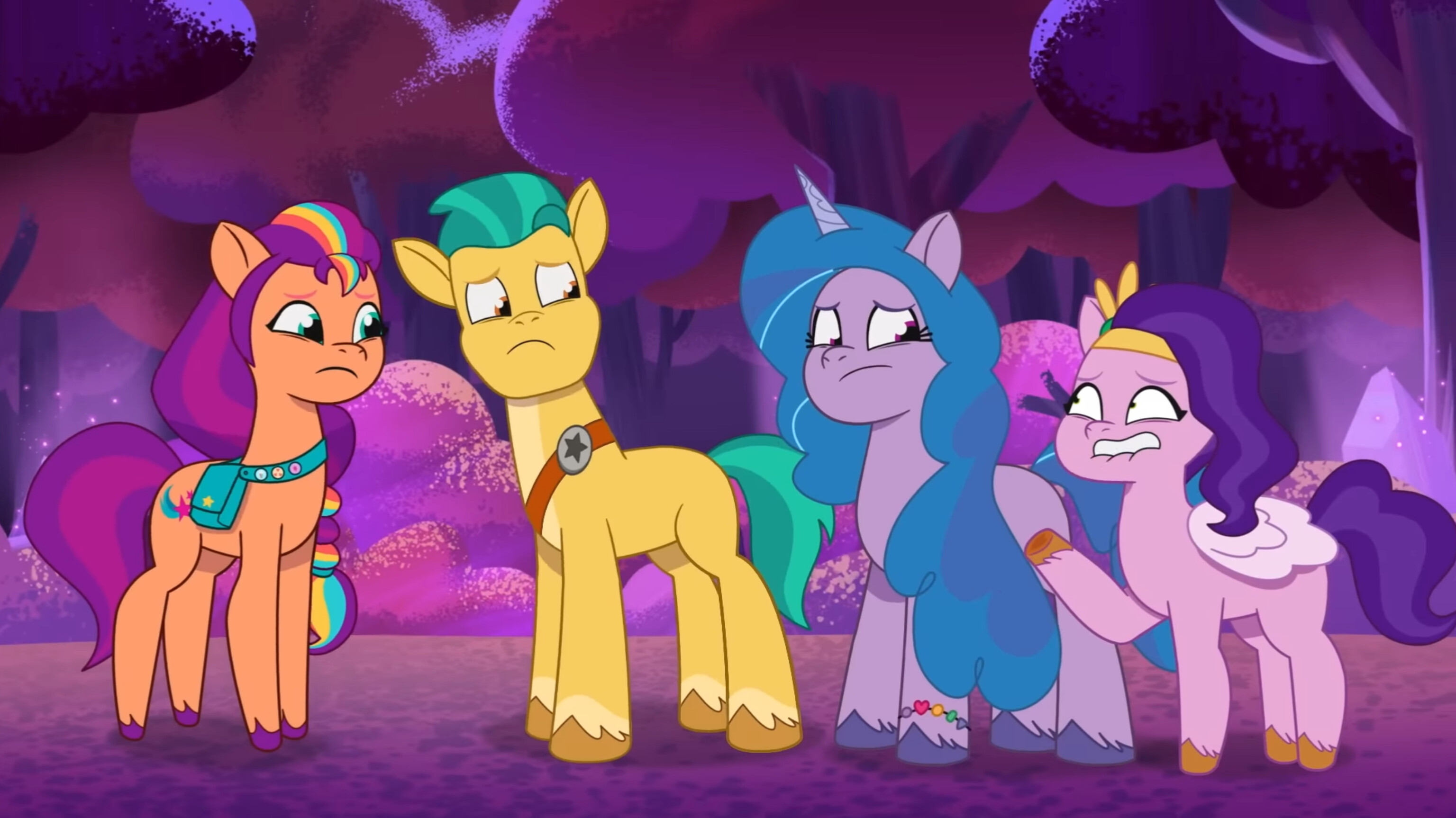 #3201285 - safe, screencap, hitch trailblazer, izzy moonbow, pipp petals, sunny starscout, earth ...