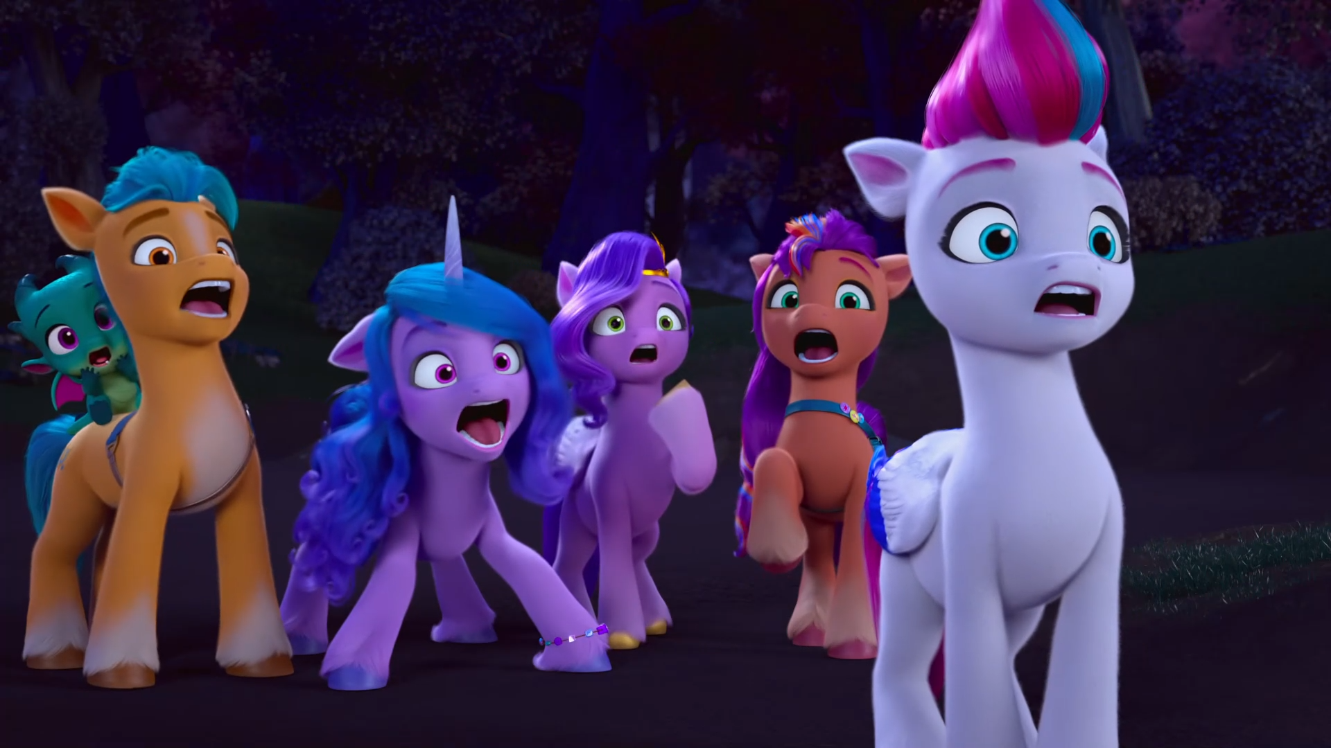 #3202444 - safe, screencap, hitch trailblazer, izzy moonbow, pipp petals, sparky sparkeroni ...