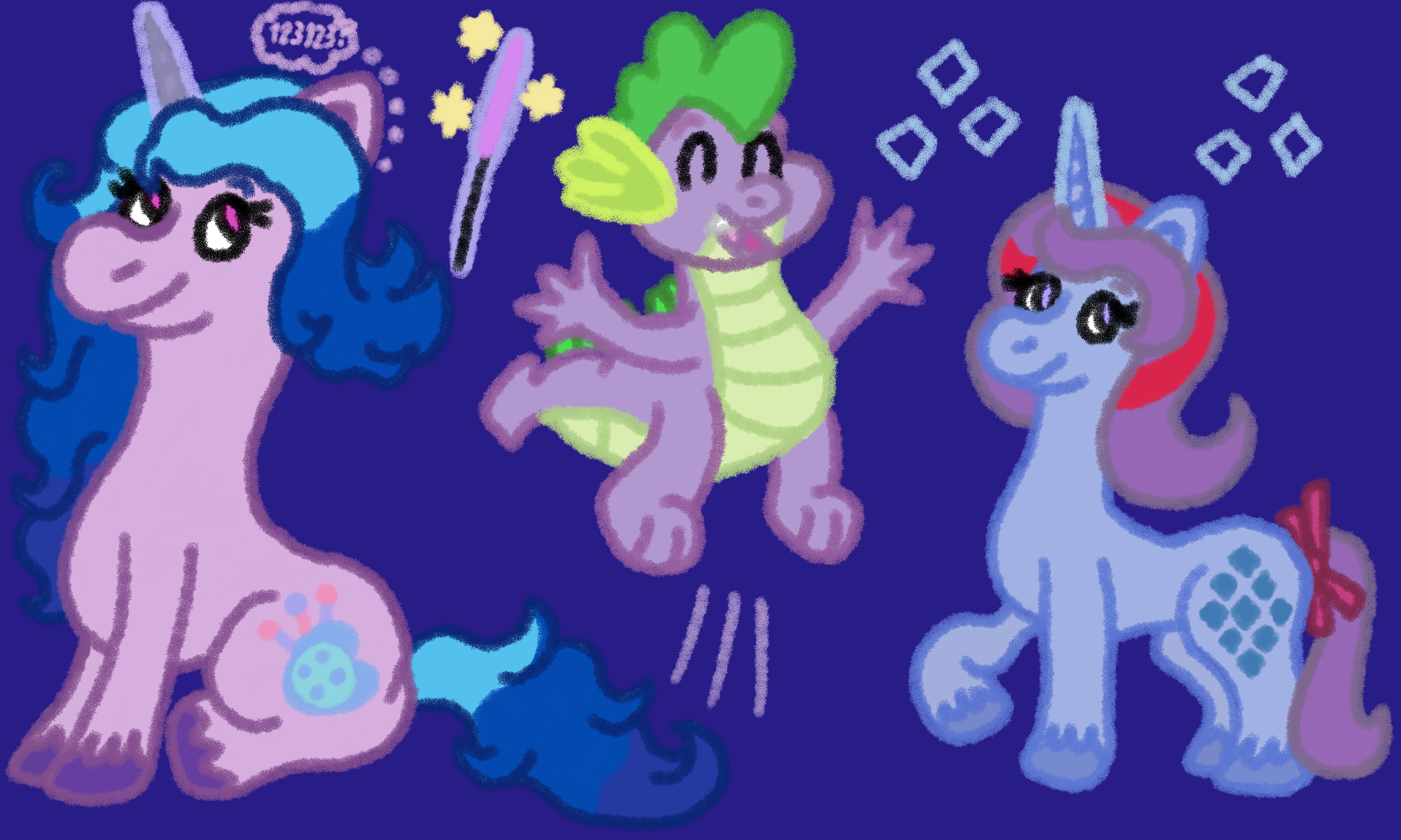 #3272602 - safe, artist:mintwhistle, izzy moonbow, sparkler (g1), spike ...