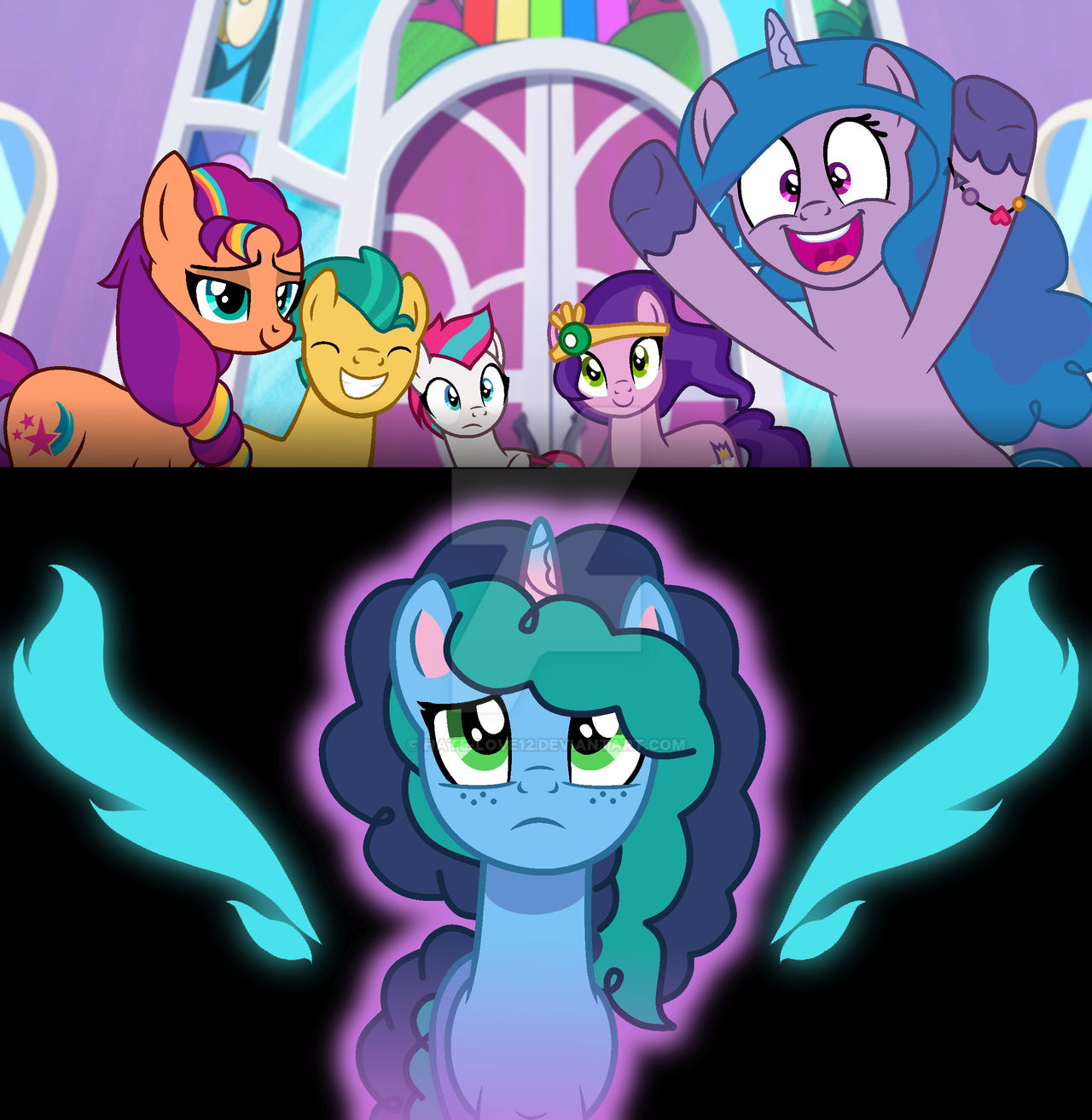 #3282475 - safe, artist:hate-love12, hitch trailblazer, izzy moonbow, misty brightdawn, pipp ...