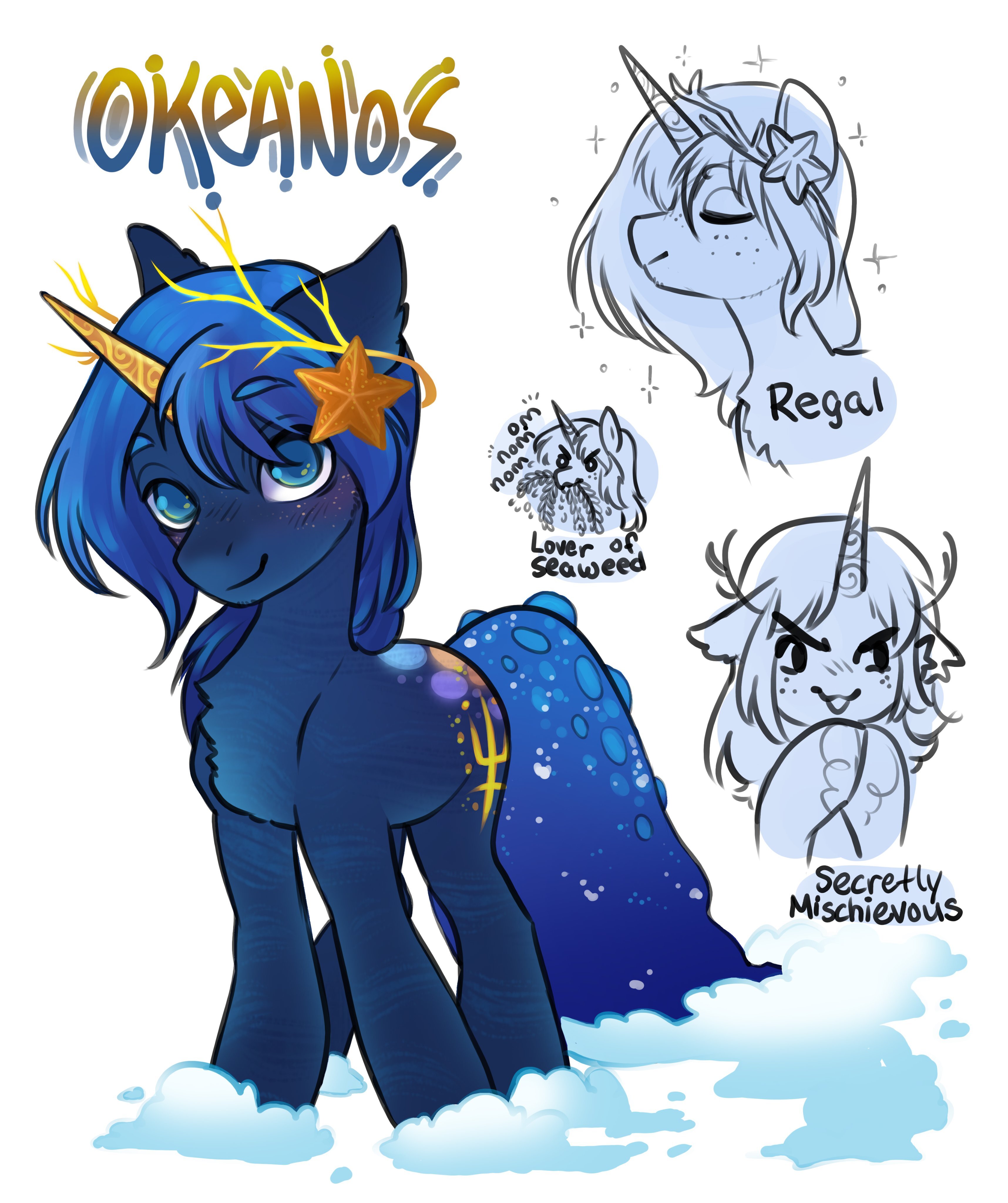 #3282767 - safe, artist:opalacorn, oc, oc only, oc:okeanos, pony, starfish, unicorn, chest fluff ...