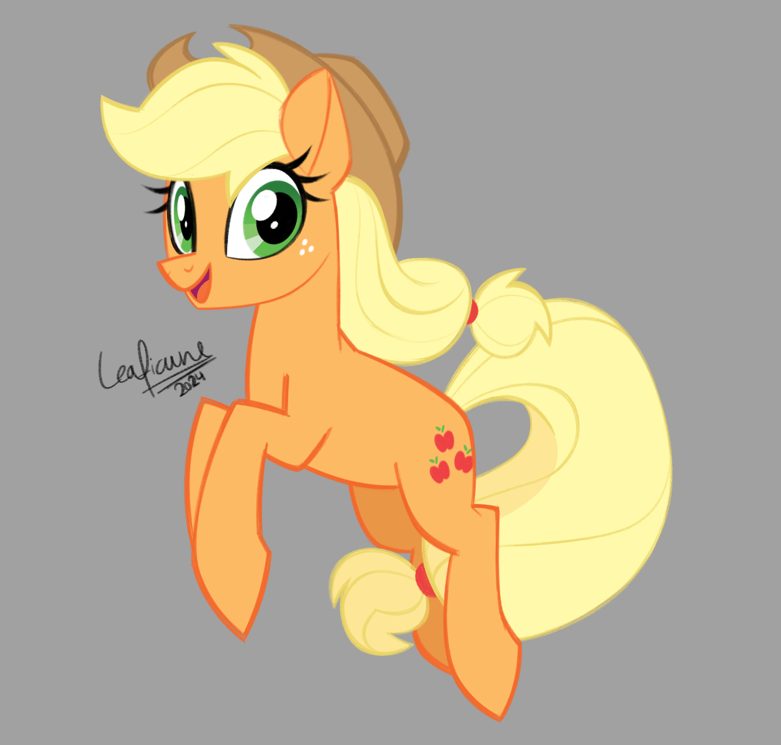 #3283769 - safe, artist:leaficun3, applejack, pony, gray background ...