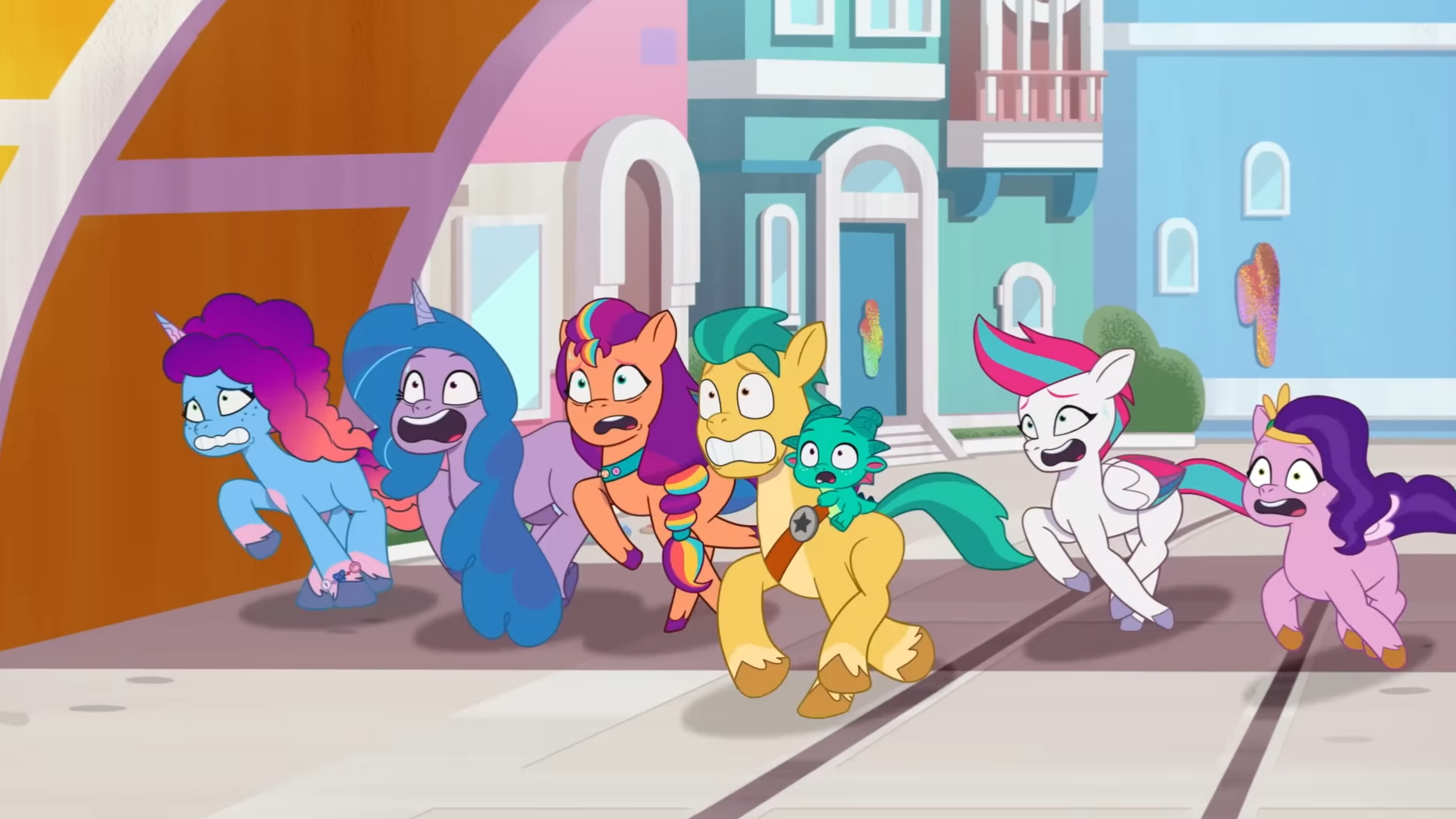 #3290722 - safe, screencap, hitch trailblazer, izzy moonbow, misty brightdawn, pipp petals ...