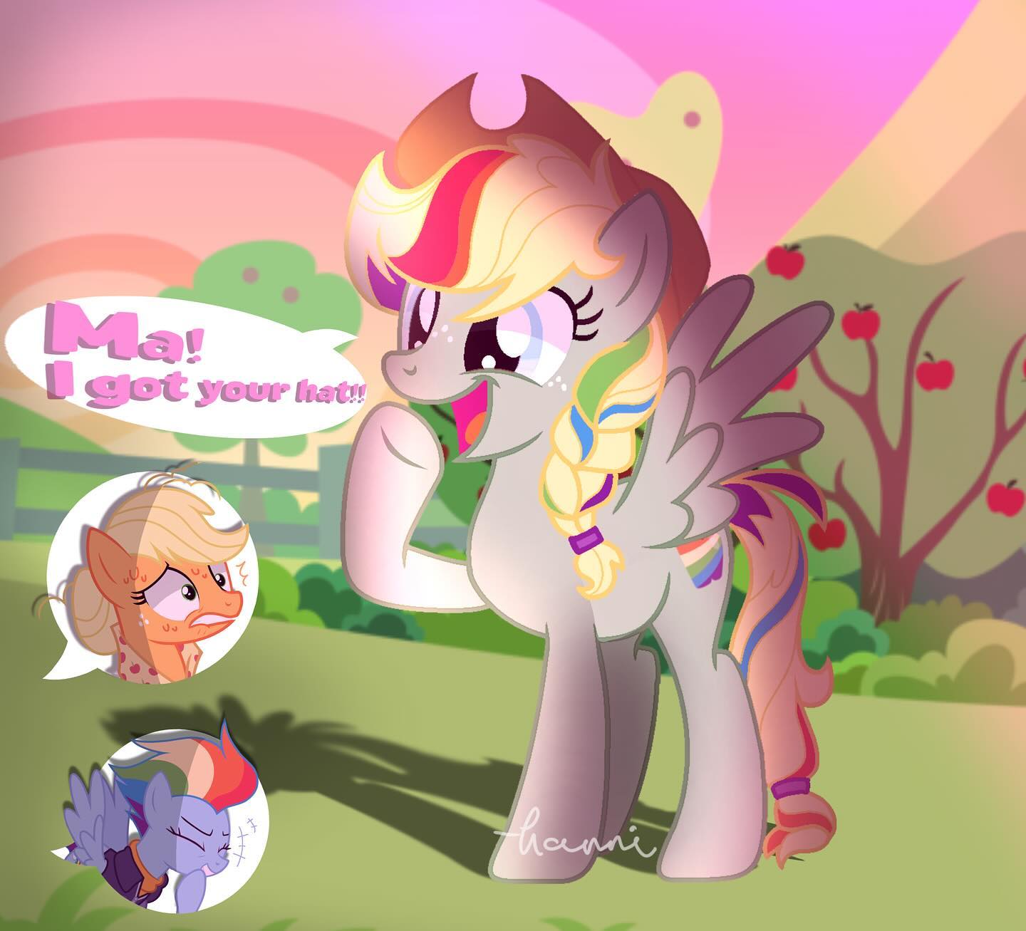 #3290925 - safe, artist:its.hxnnxh_, applejack, rainbow dash, oc, oc:zap apple, pegasus, g4 ...