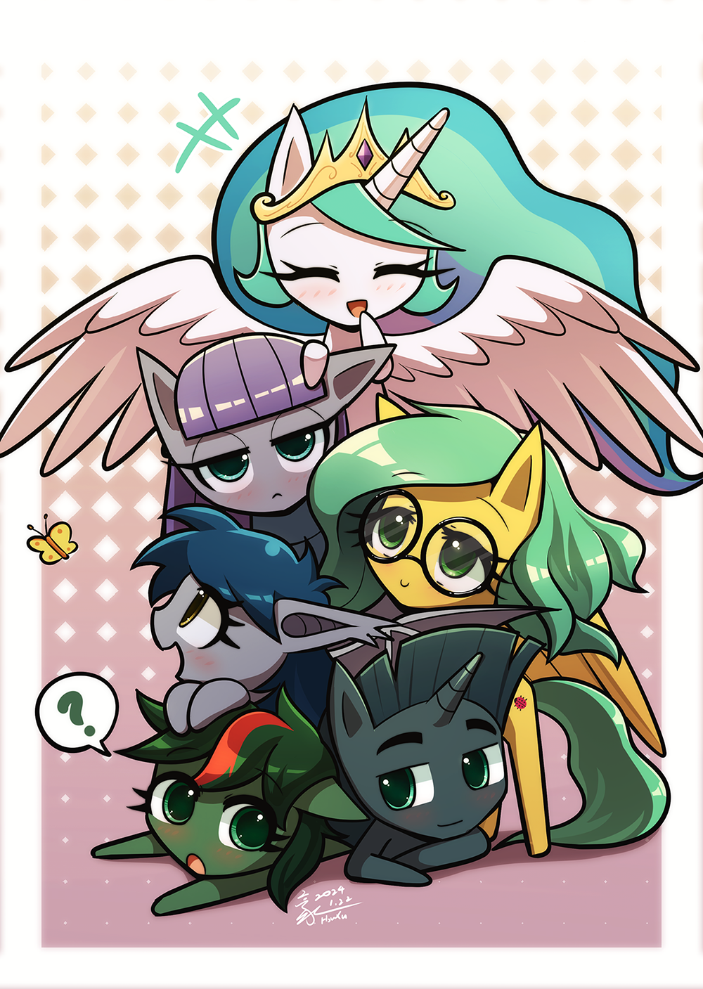 #3291311 - safe, artist:howxu, maud pie, princess celestia, oc, alicorn ...