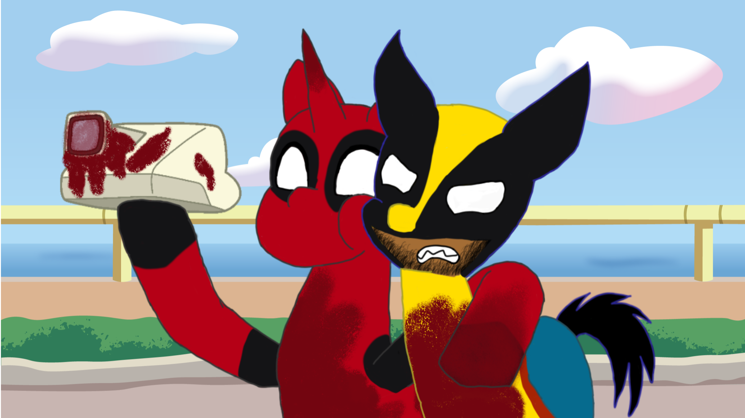 #3461719 - semi-grimdark, artist:shucku, pony, g5, base used, camera, deadpool, duo, marvel ...