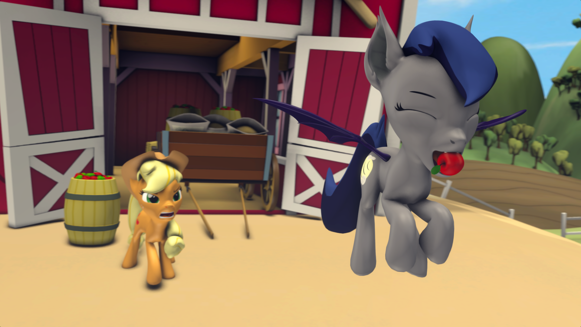 #3476229 - safe, artist:scorp125, applejack, oc, oc:echo, bat pony ...