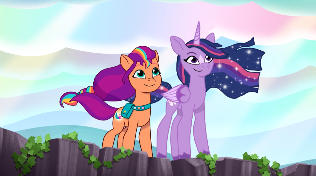 #3458149 - safe, artist:shucku, edit, edited screencap, screencap, sunny starscout, twilight ...