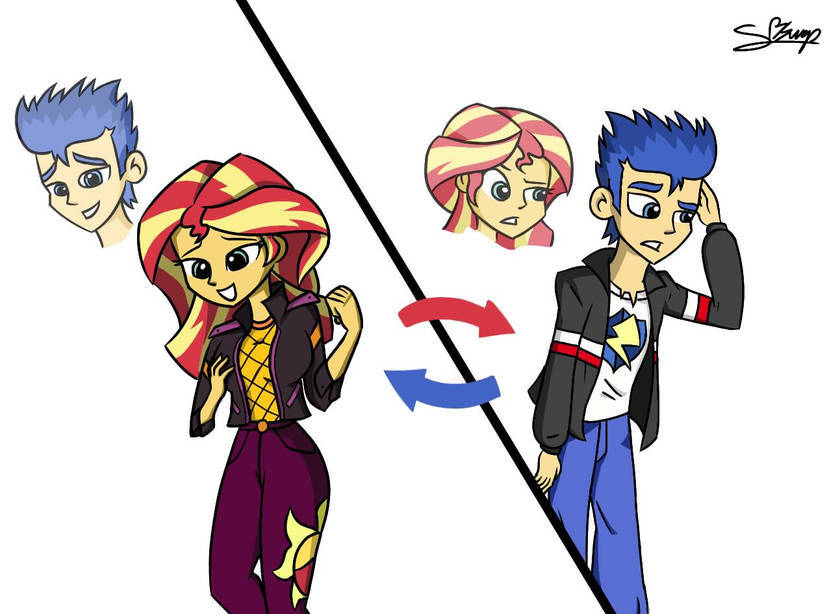 #3458359 - suggestive, artist:sunshinebswap, flash sentry, sunset shimmer, human, equestria ...