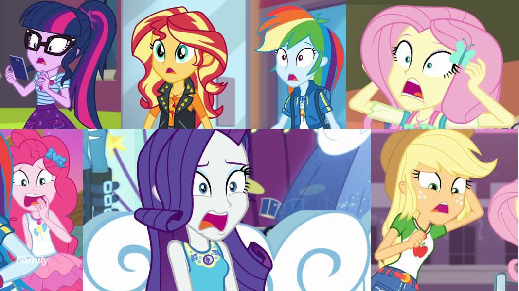 #3485157 - safe, screencap, applejack, fluttershy, pinkie pie, rainbow dash, rarity, sci-twi ...