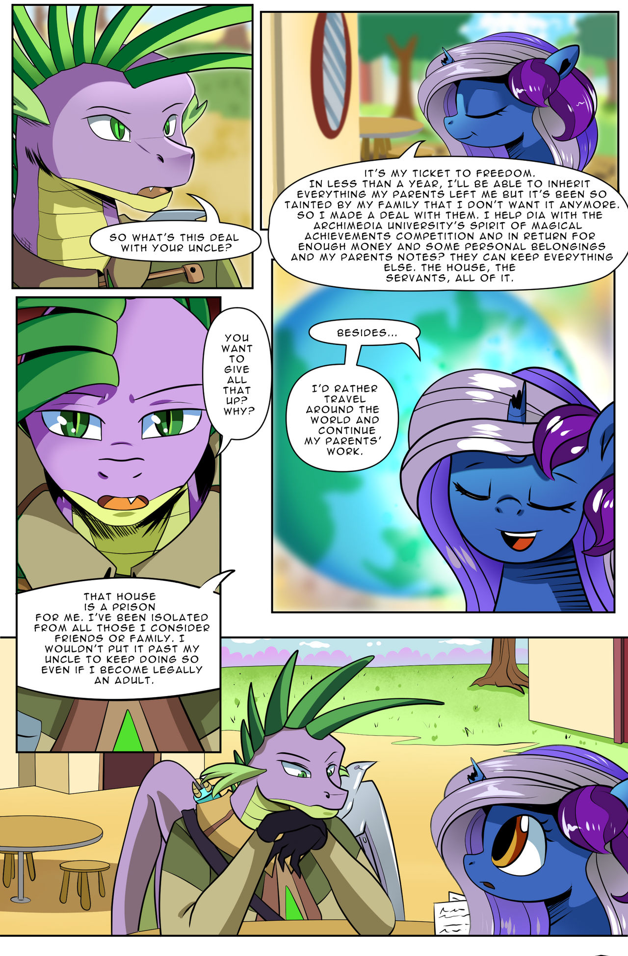 #3487135 - safe, artist:skikey, spike, oc, oc:nova sapphire, dragon, unicorn, comic:revolution ...