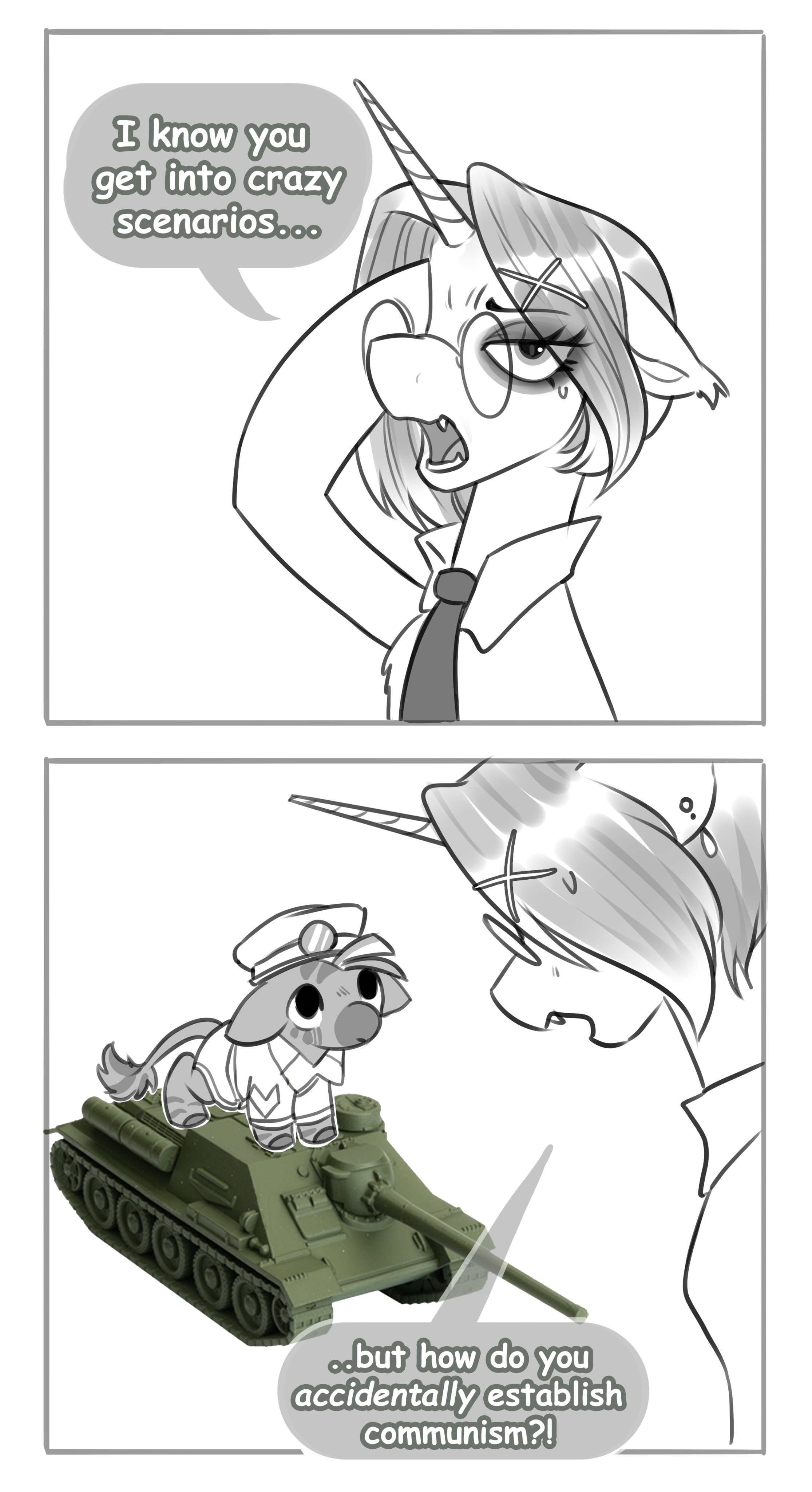 #3491396 - safe, artist:opalacorn, oc, oc only, oc:cornflake, pony, unicorn, zebra, 2 panel ...