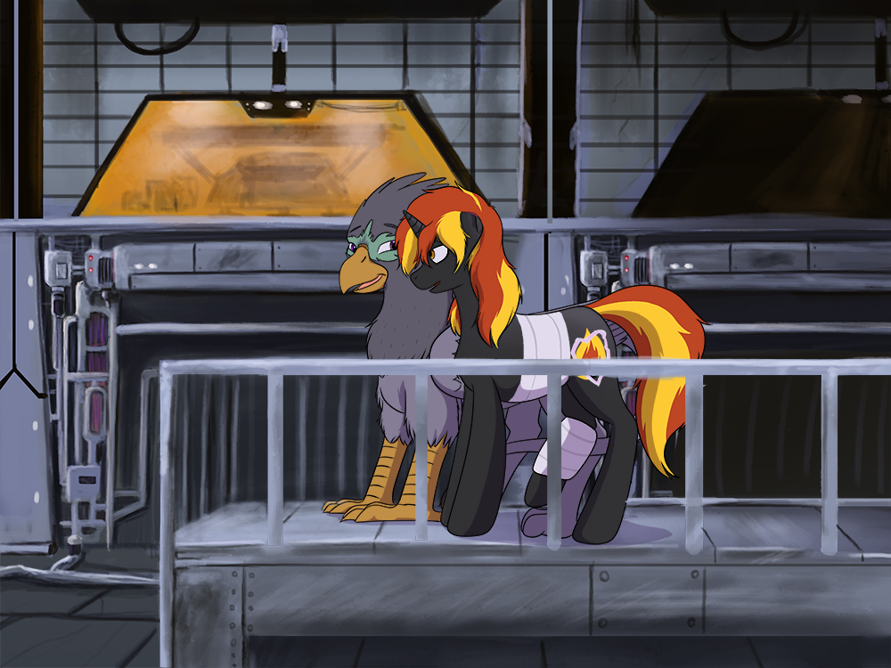 #3480465 - safe, artist:ruirik, oc, oc only, oc:ember, griffon, pony, unicorn, fanfic:two ...