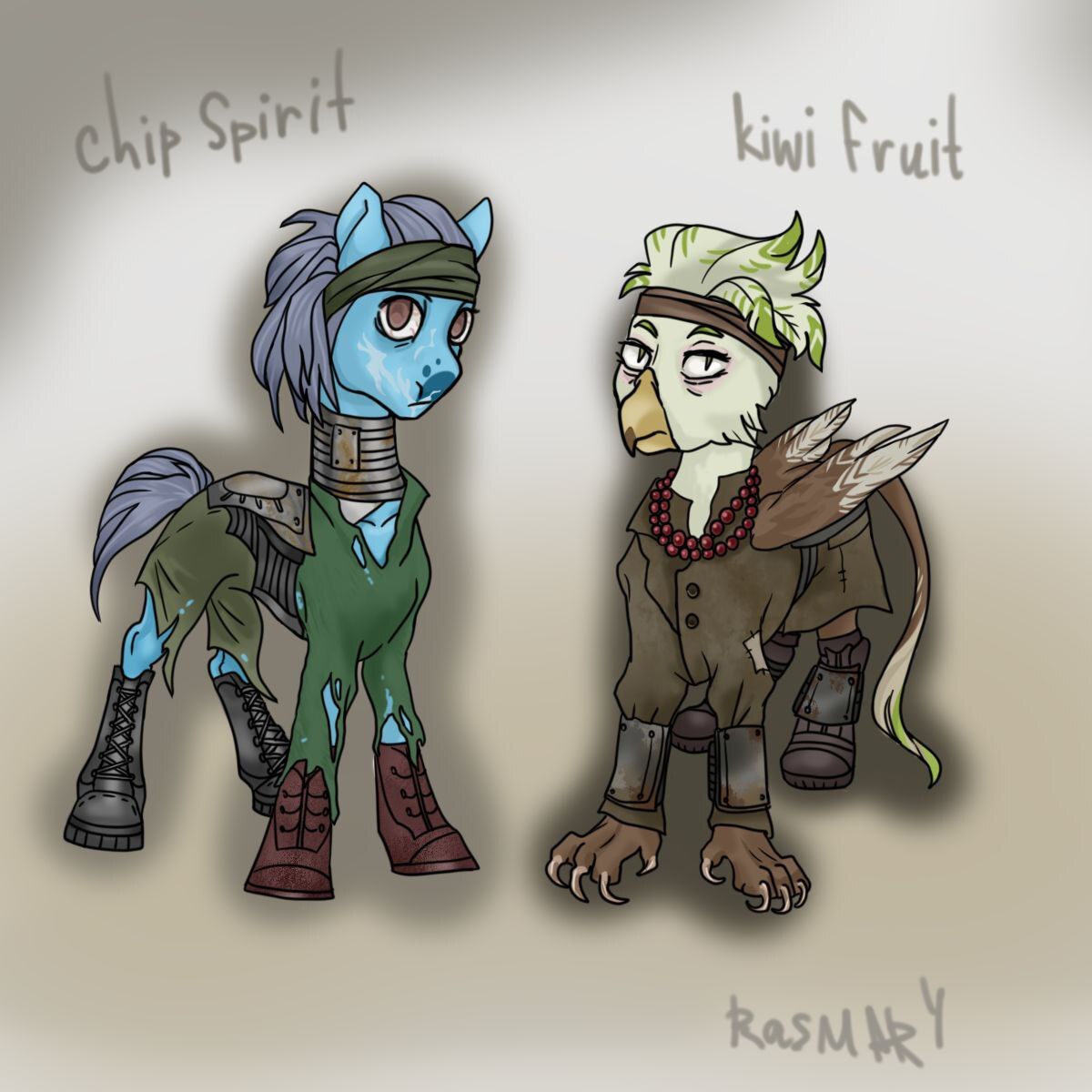 #3512744 - safe, artist:rasmary, oc, oc only, oc:chip spirit, oc:kiwi fruit, earth pony, griffon ...