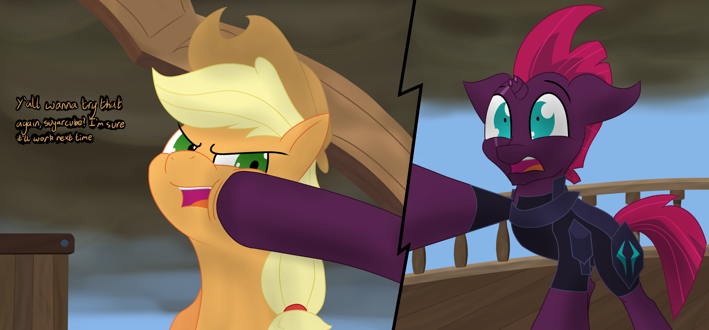 #3518139 - safe, artist:agreylongma, applejack, tempest shadow, earth pony, pony, unicorn, g4 ...