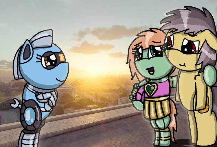 #3309620 - safe, artist:foxfer64_yt, oc, oc only, oc:goldheart, oc:silverstream (robot pony), oc ...