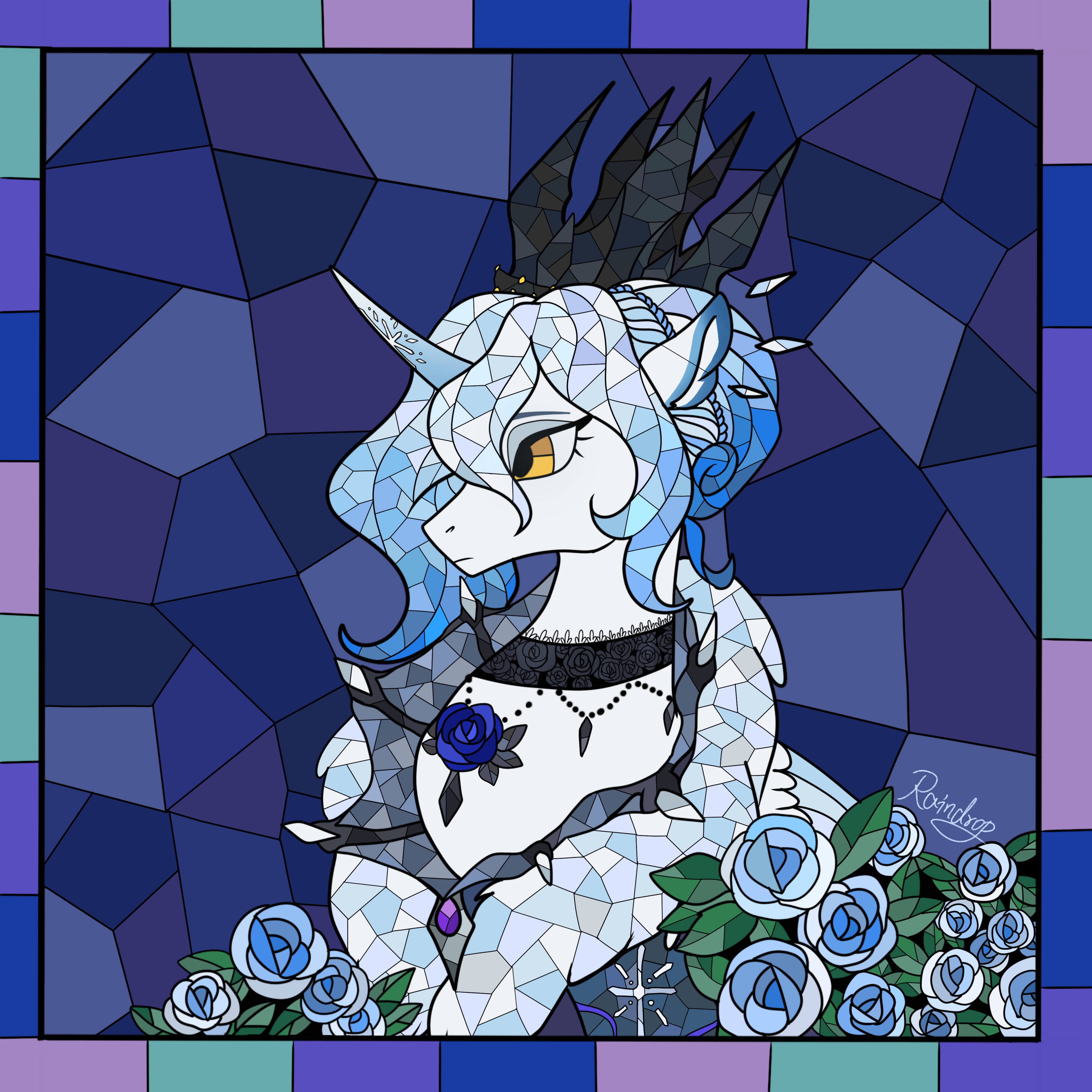 #3296247 - safe, artist:raindrophalo, oc, oc only, pony, unicorn, horn, solo, stained glass ...