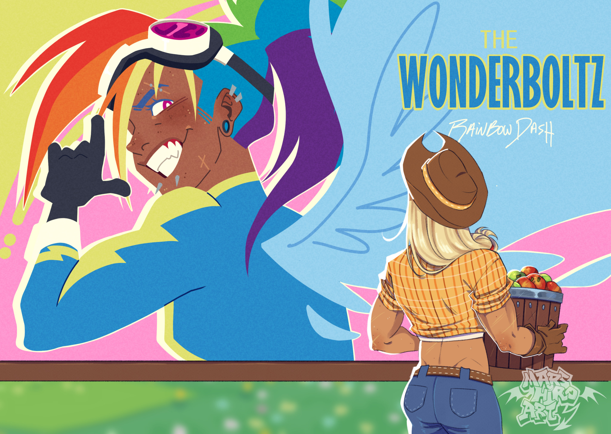 #3322441 - safe, artist:marshiroart, applejack, rainbow dash, human, g4 ...