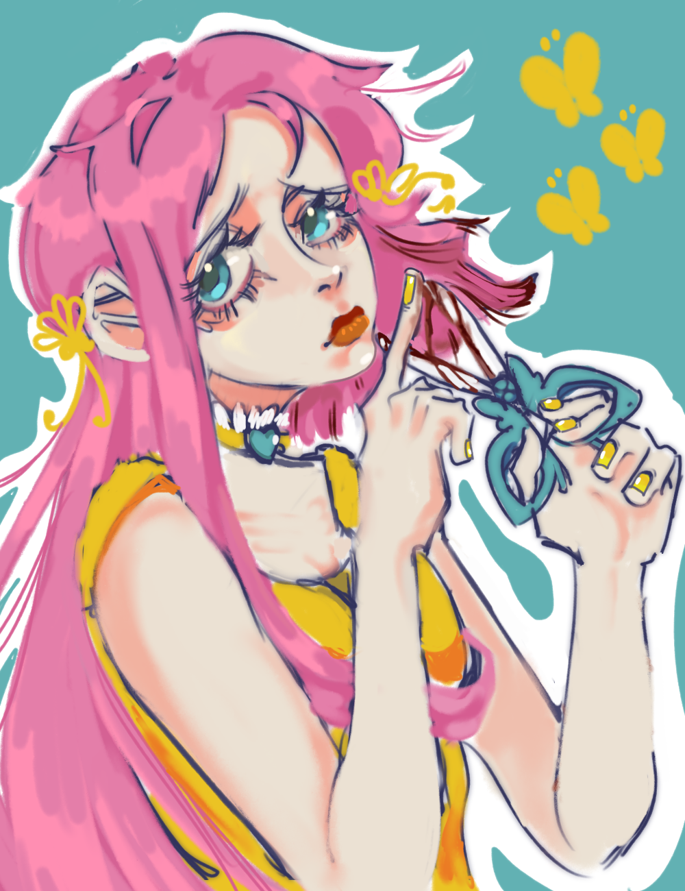 #3329018 - semi-grimdark, artist:motreeen, fluttershy, human, g4, blood, blue background ...