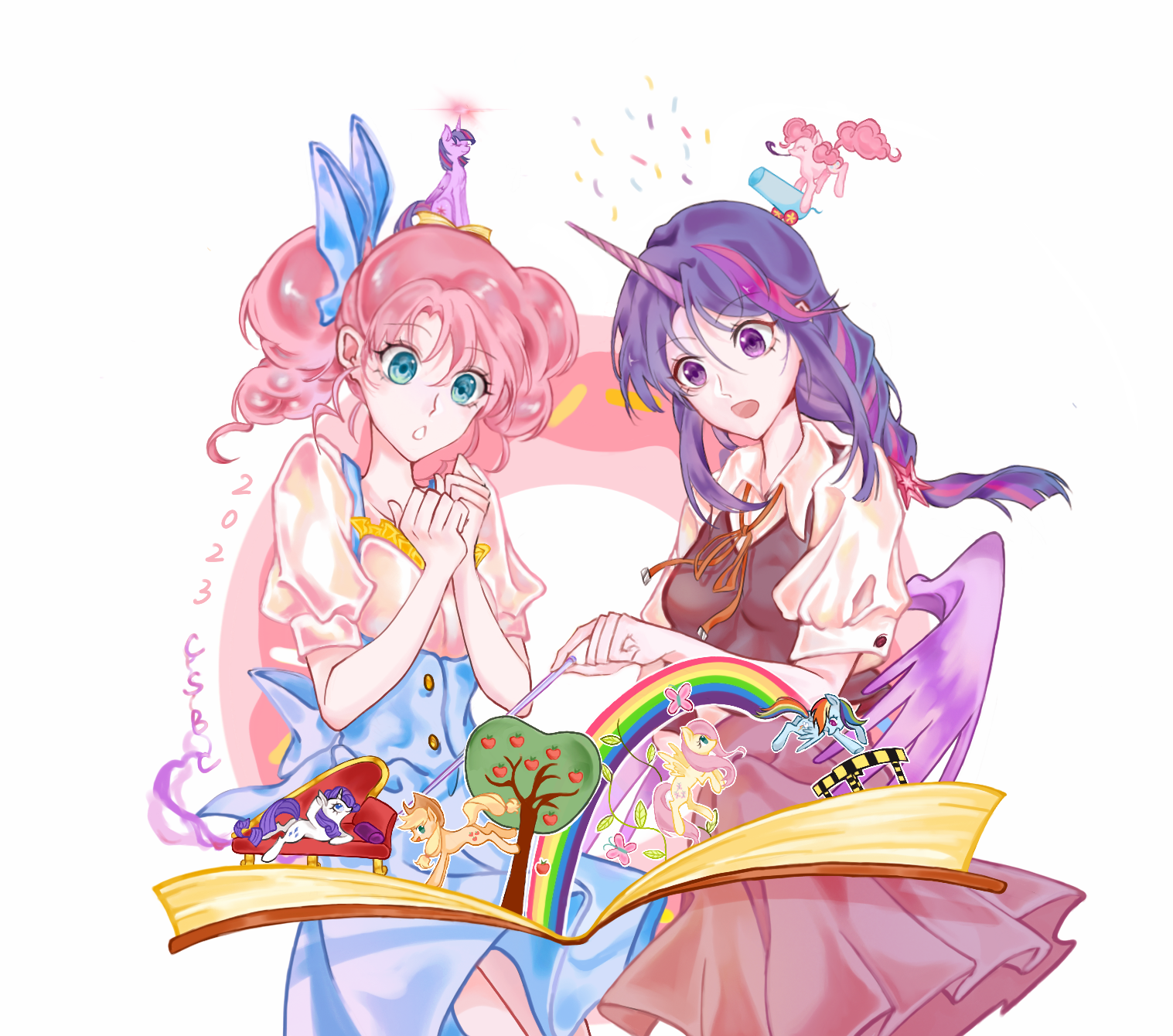 #3350255 - safe, artist:木瓜papaya, applejack, fluttershy, pinkie pie ...