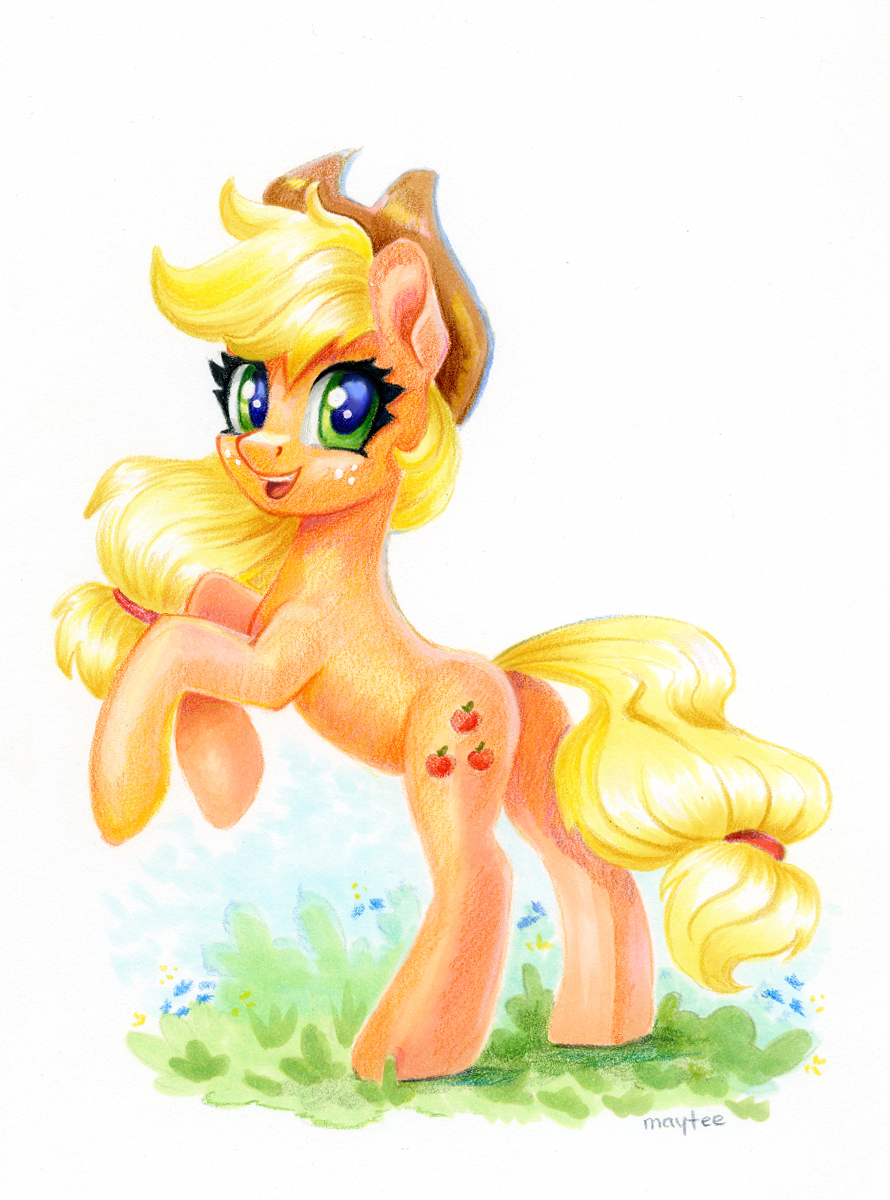#3363543 - safe, artist:maytee, applejack, earth pony, pony, g4, applejack's hat, colored pencil ...