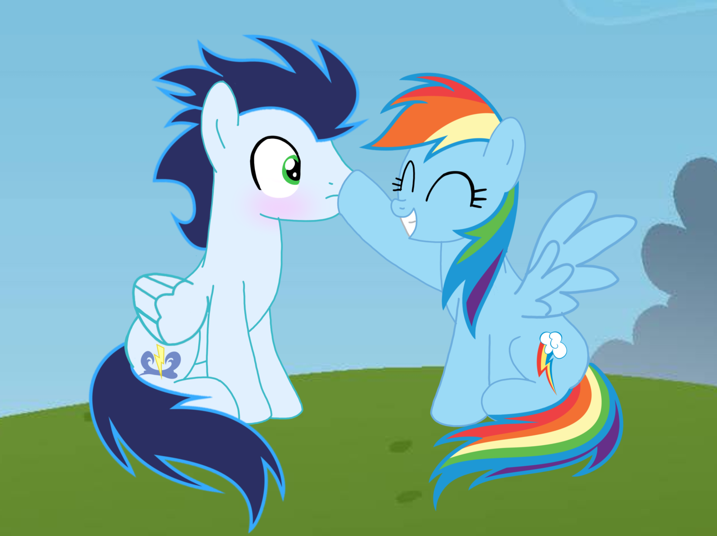 #3358329 - safe, rainbow dash, soarin', pegasus, pony, blushing, boop ...