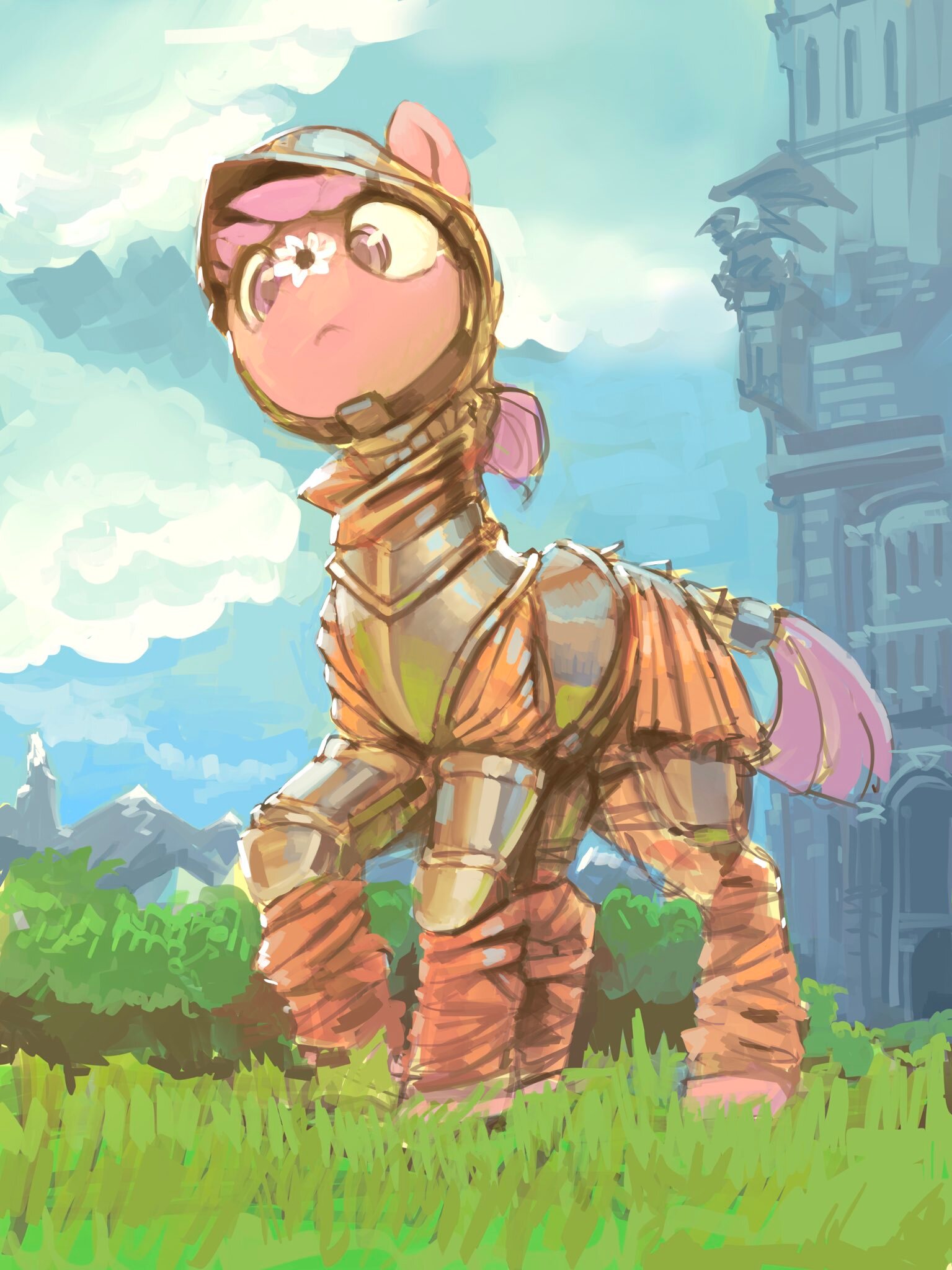 #3375265 - safe, alternate version, artist:dimfann, oc, oc only, earth pony, pony, armor, flower ...