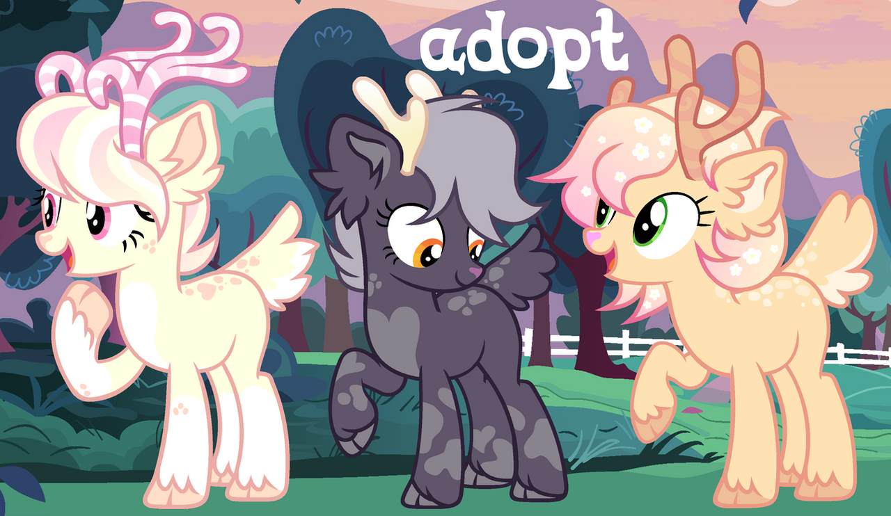 #3381052 - safe, artist:vi45, oc, oc only, deer, reindeer, female, fence, tree, trio - Derpibooru